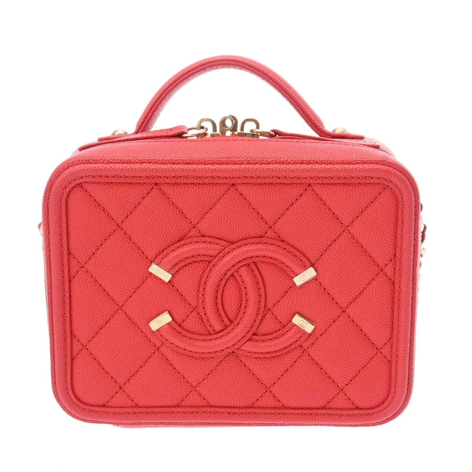 Chanel CC Filigree Small Vanity Chain Shoulder Bag Red Leather ref ...