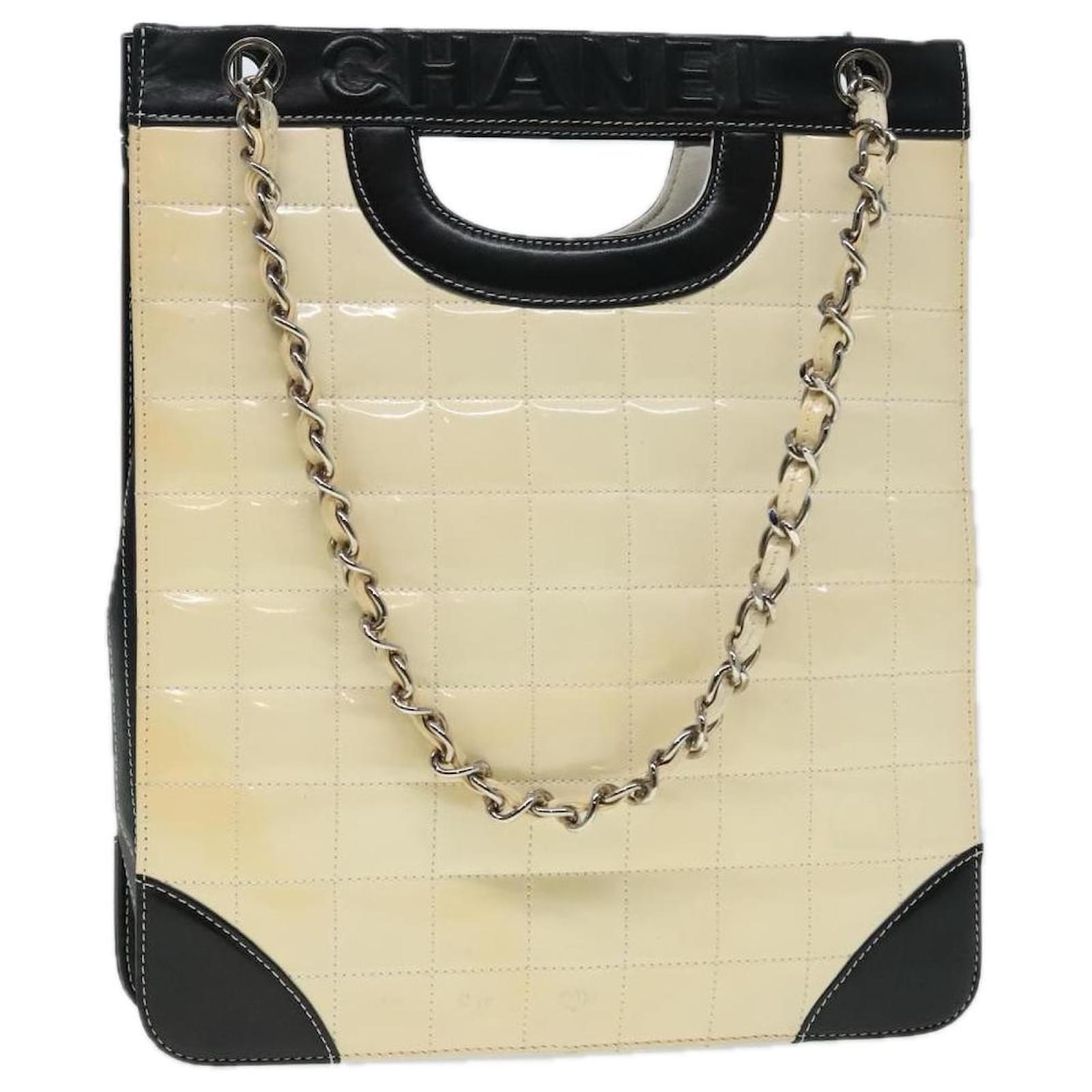 CHANEL Choco Bar Chain Tote Bag Patent leather White Silver CC Auth ...