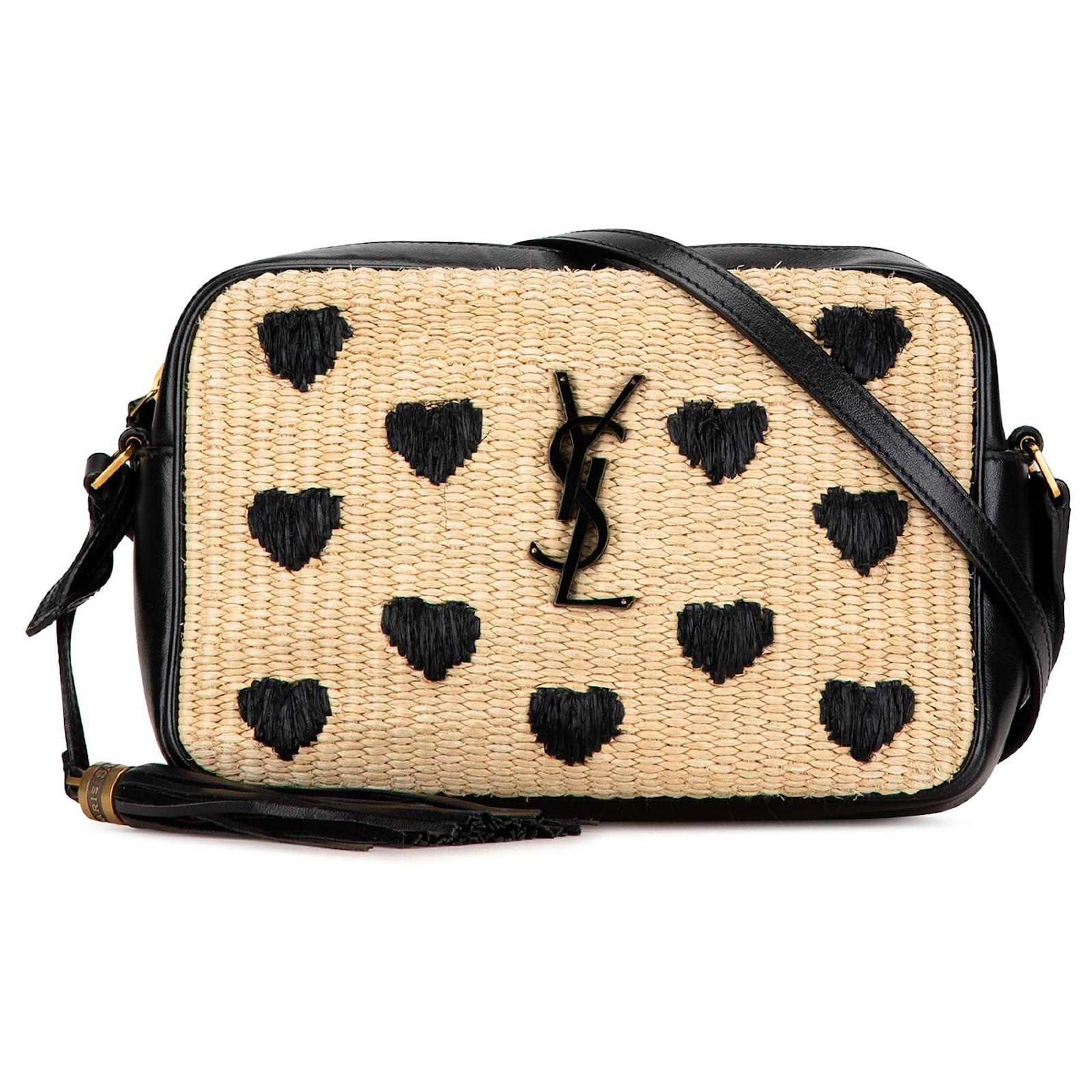 Brown Saint Laurent Woven Raffia Monogram Lou Heart Camera Bag Leather ...