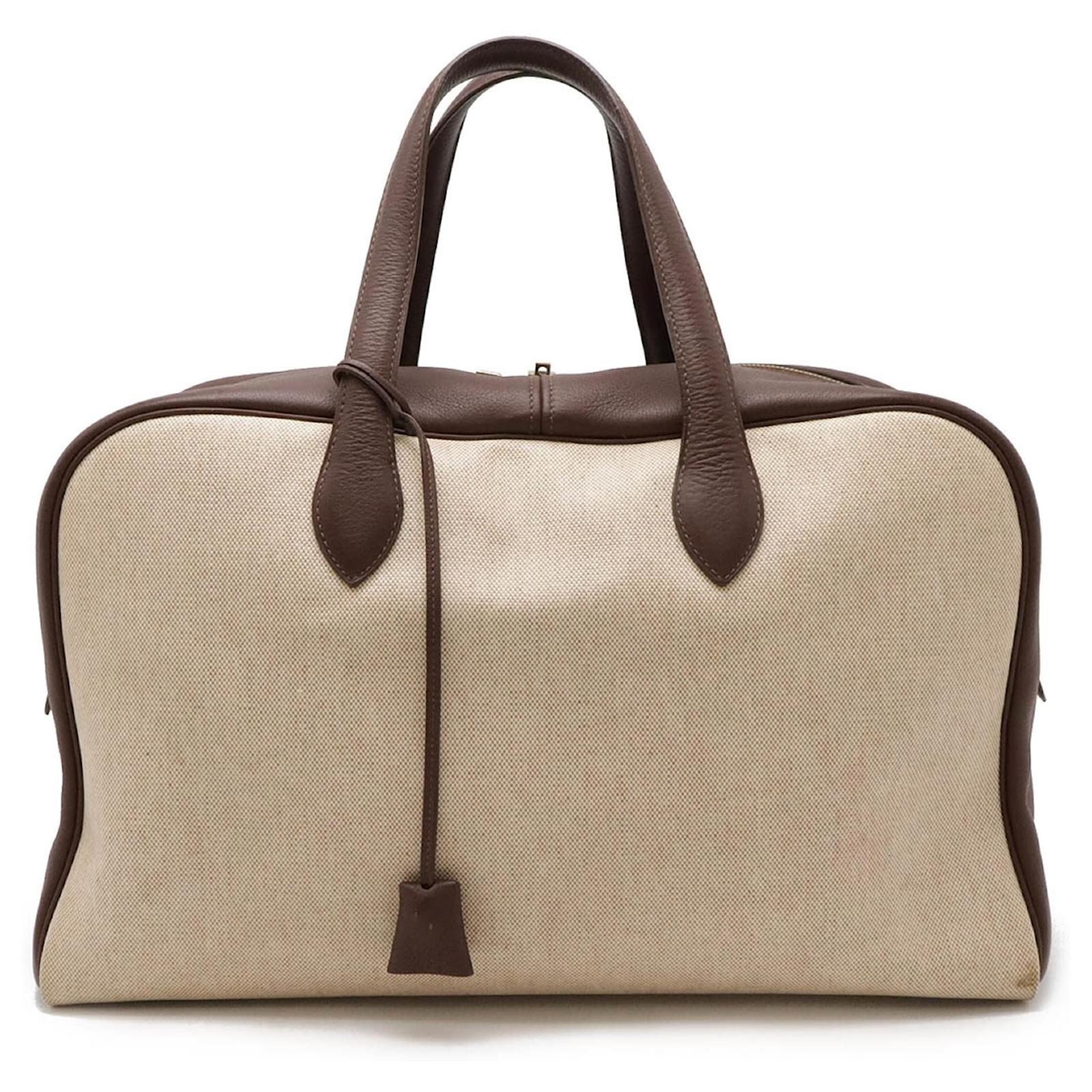 Hermès Hermes Victoria 43 Boston Bag Brown Beige Leather Cloth ref ...