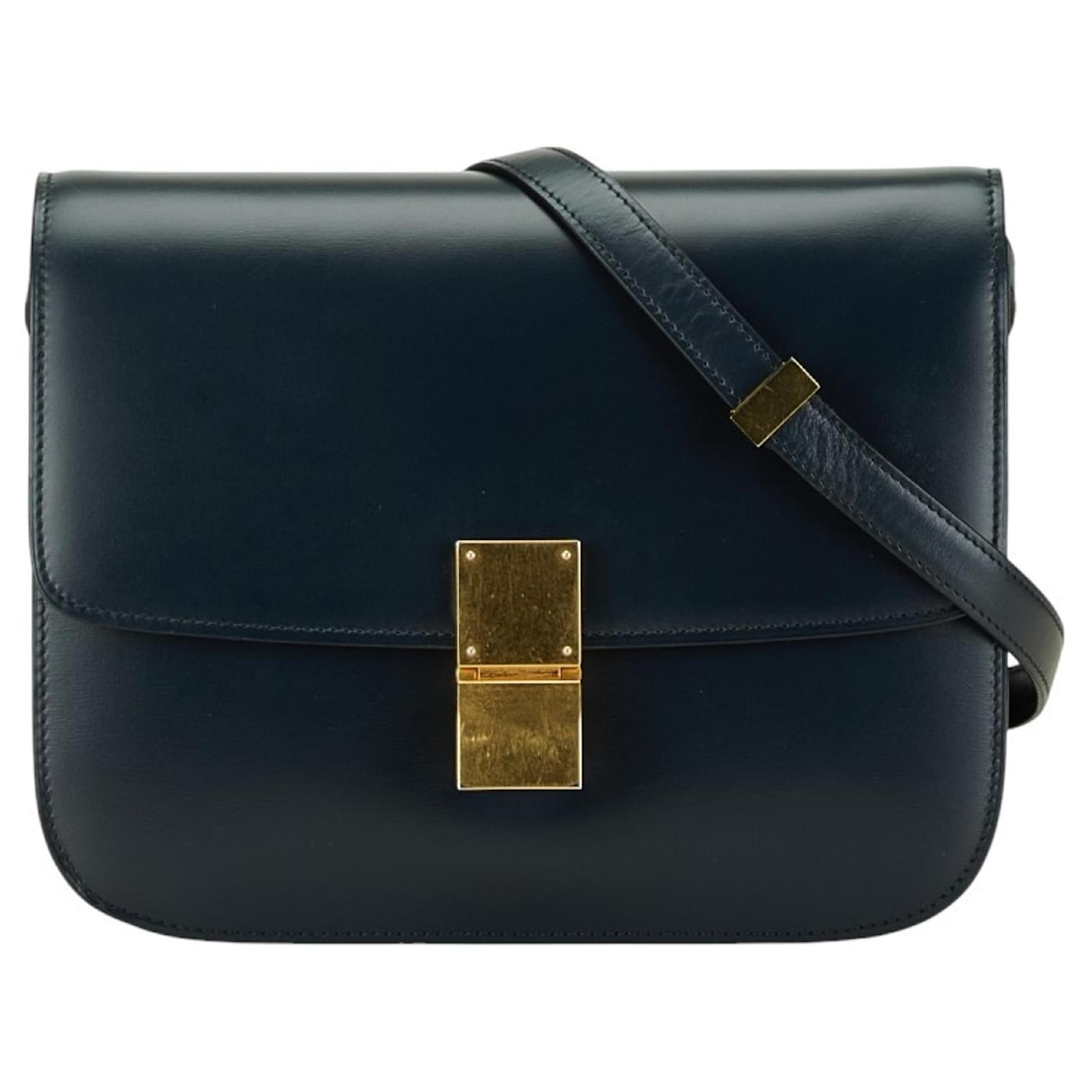 Céline Celine Classic Box Medium Shoulder Bag Navy blue Leather ref ...