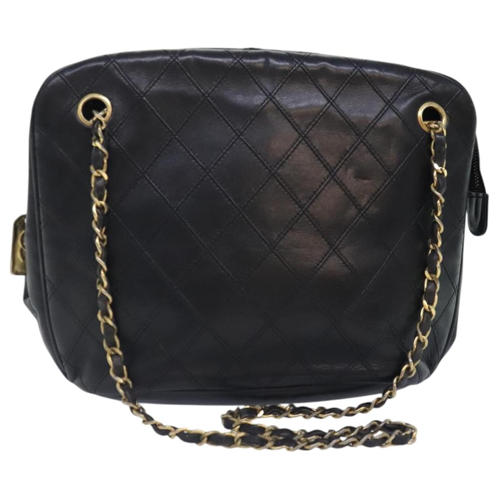 CHANEL Chain Tote Bag Lamb Skin Black Gold CC Auth 93802 Golden ref ...