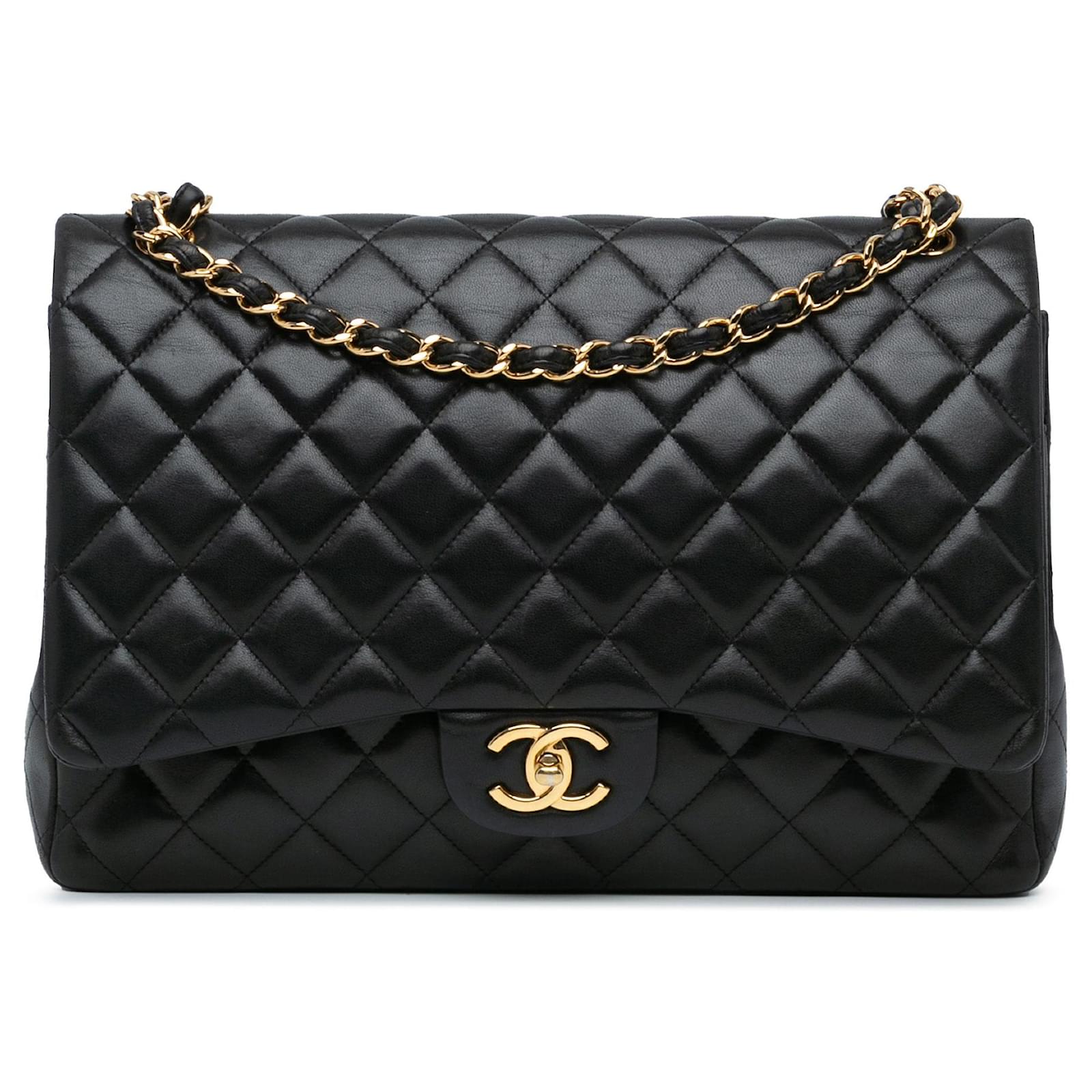 Black Chanel Maxi Classic Lambskin Double Flap Shoulder Bag Leather ref ...