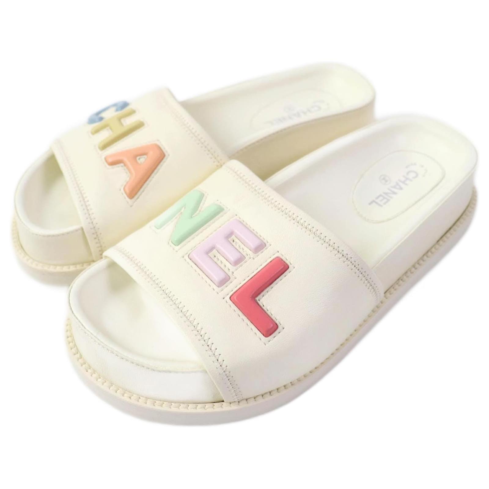 Chanel Logo Slide Sandals Leather Ivory 35 Cream ref.1738720 - Joli Closet