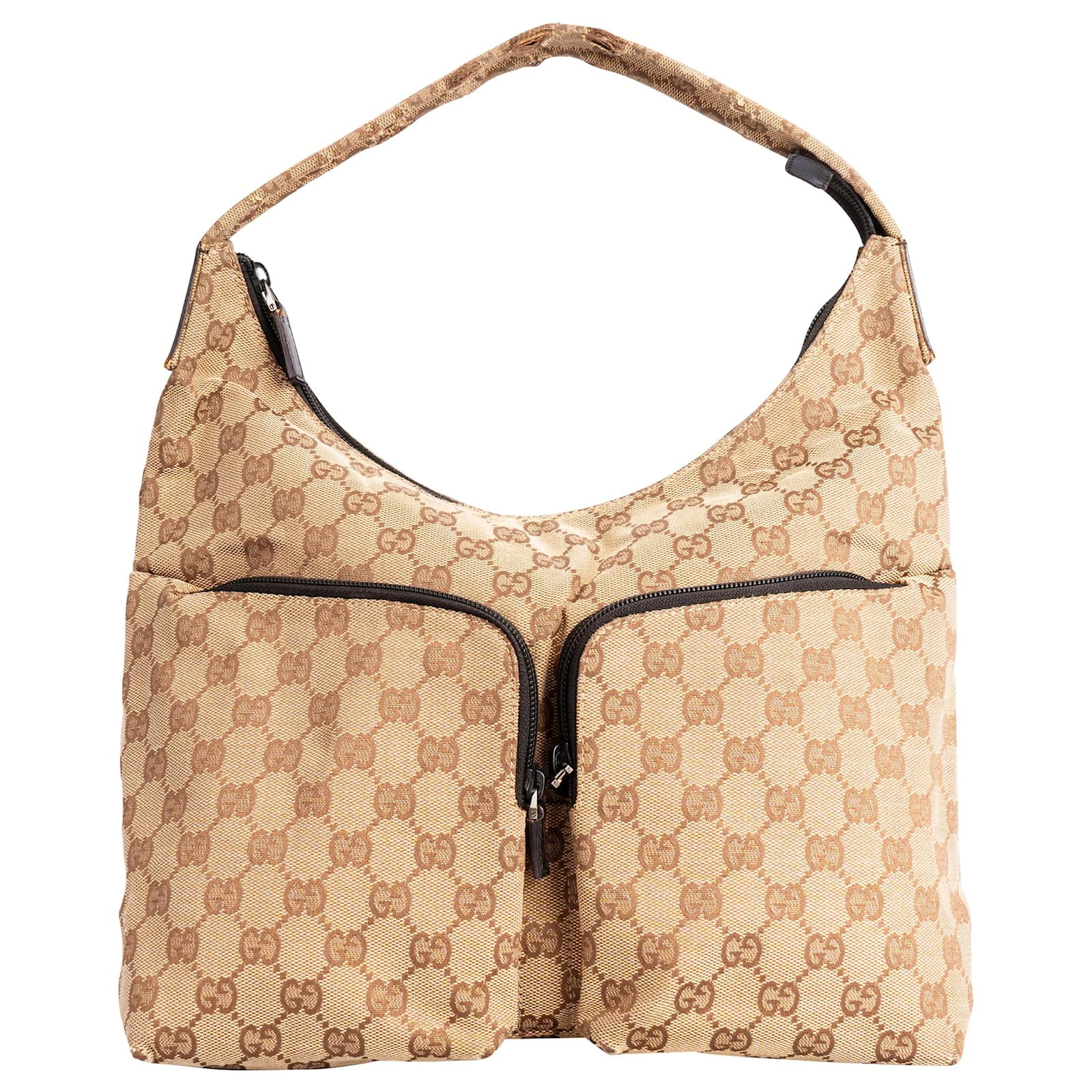 Gucci GG Monogram Double Pocket Hobo Shoulder Bag Brown Leather ref ...