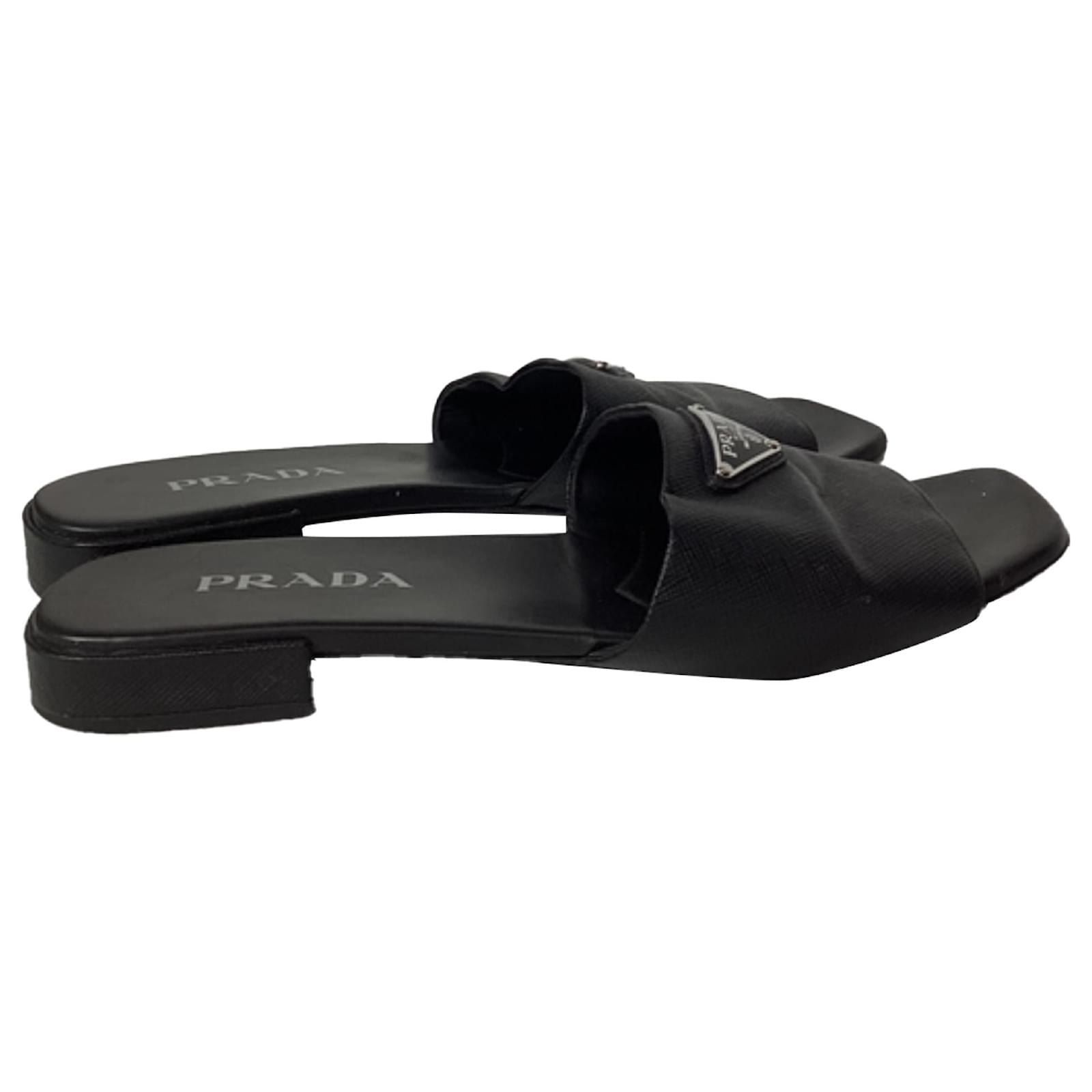 Prada Triangle-Logo Plaque Slide Flat Sandals in Black Leather ref ...