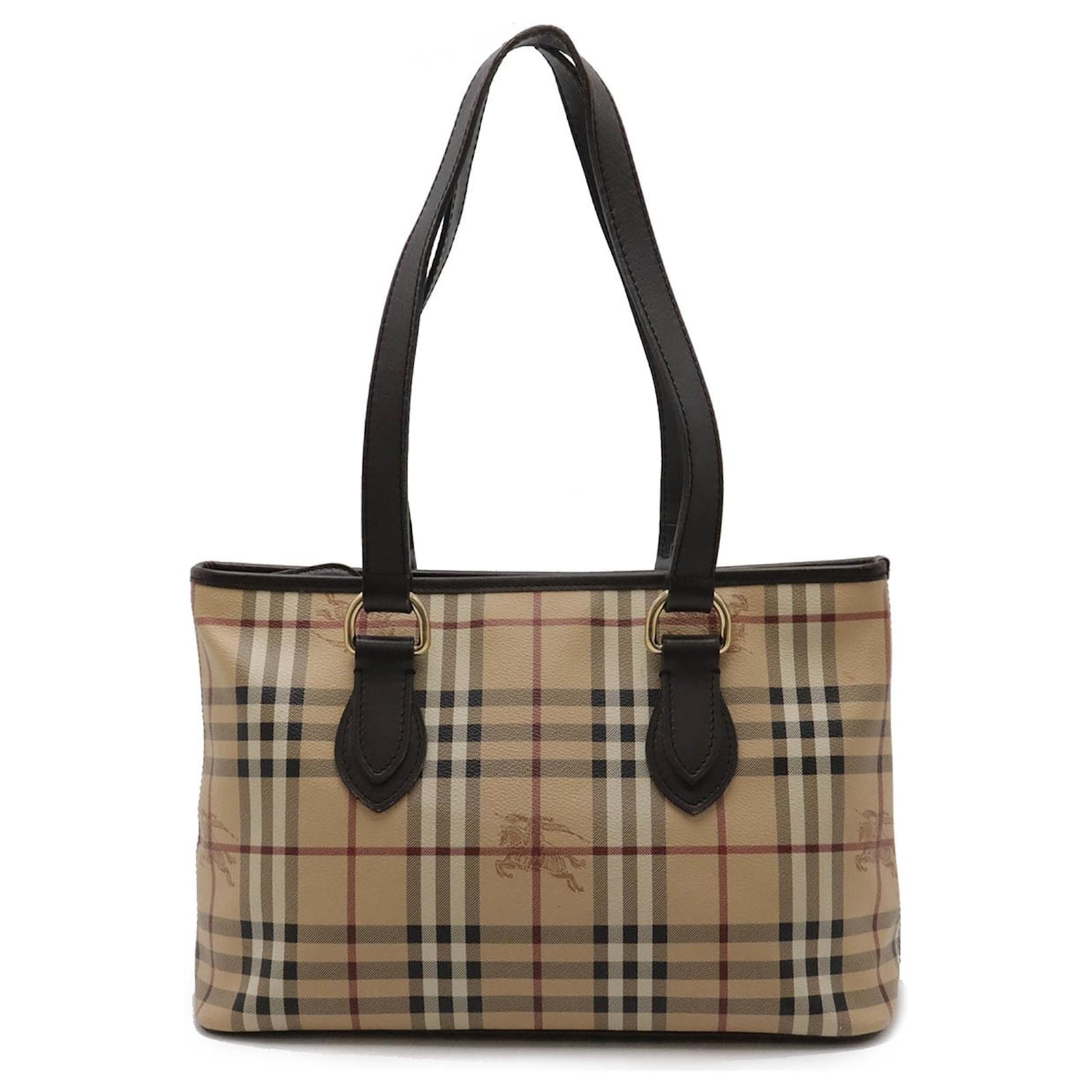 Burberry Nova Check Pattern Tote Bag Beige Dark brown Leather Plastic ...
