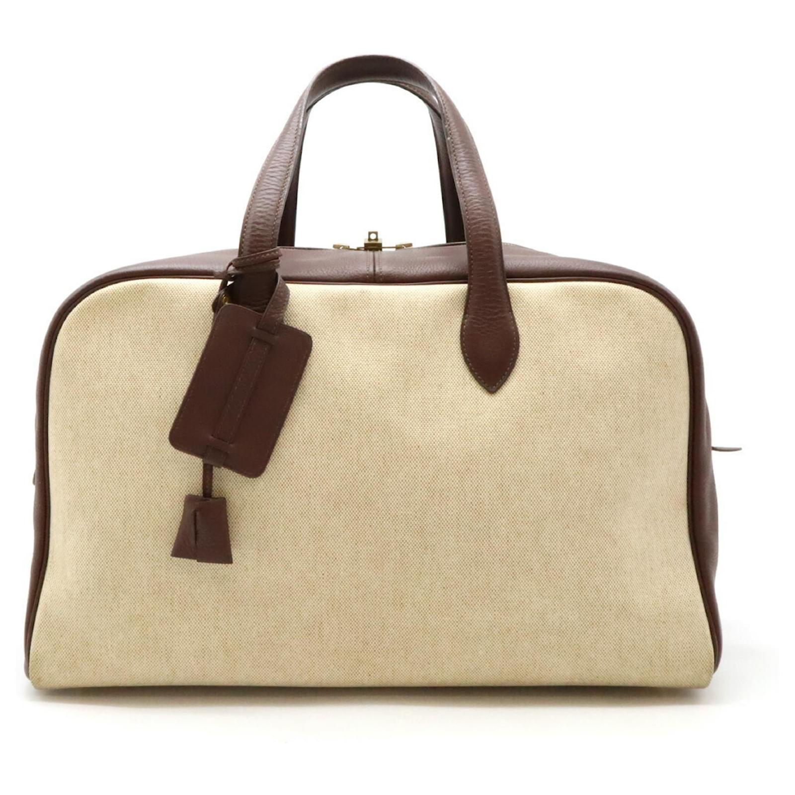 Hermès Hermes Victoria 43 Boston Bag Brown Beige Leather Cloth ref ...