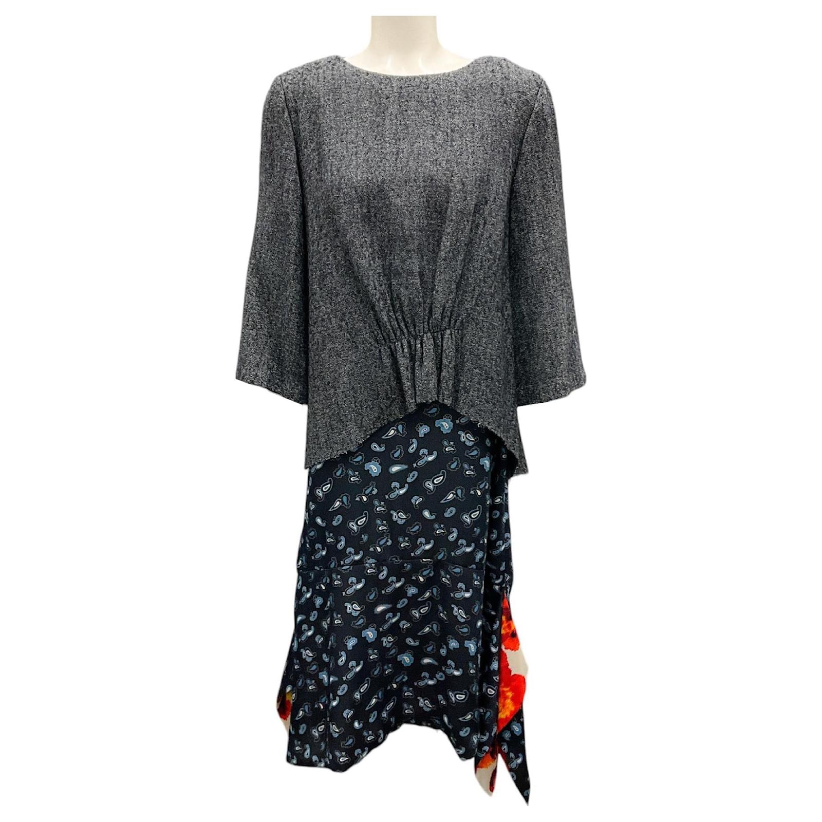 Thakoon Grey / Navy Blue Tweed and Paisley Dress Multiple colors Wool ...