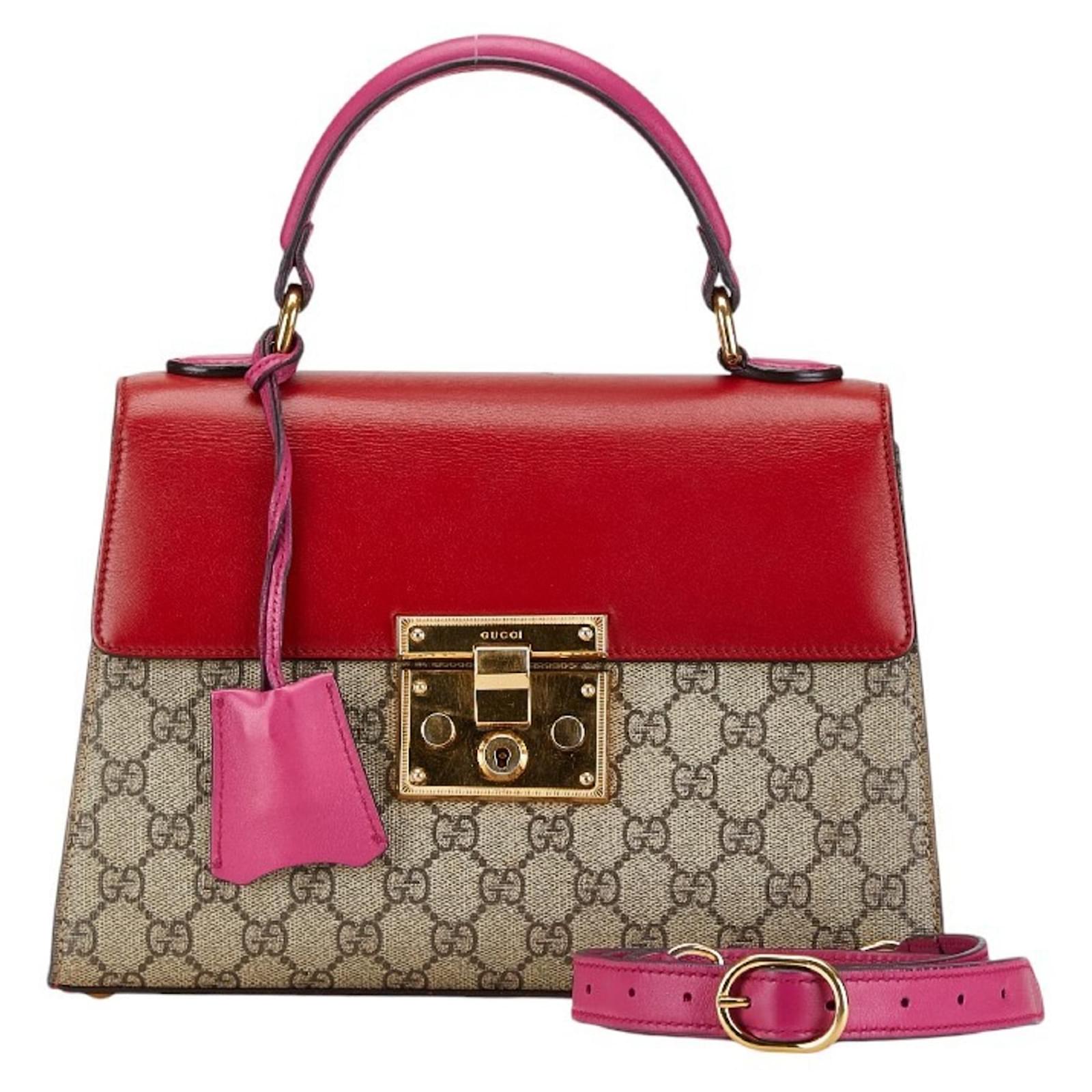 Gucci GG Supreme Handbag Shoulder Bag Pink Red Beige Leather Plastic ...
