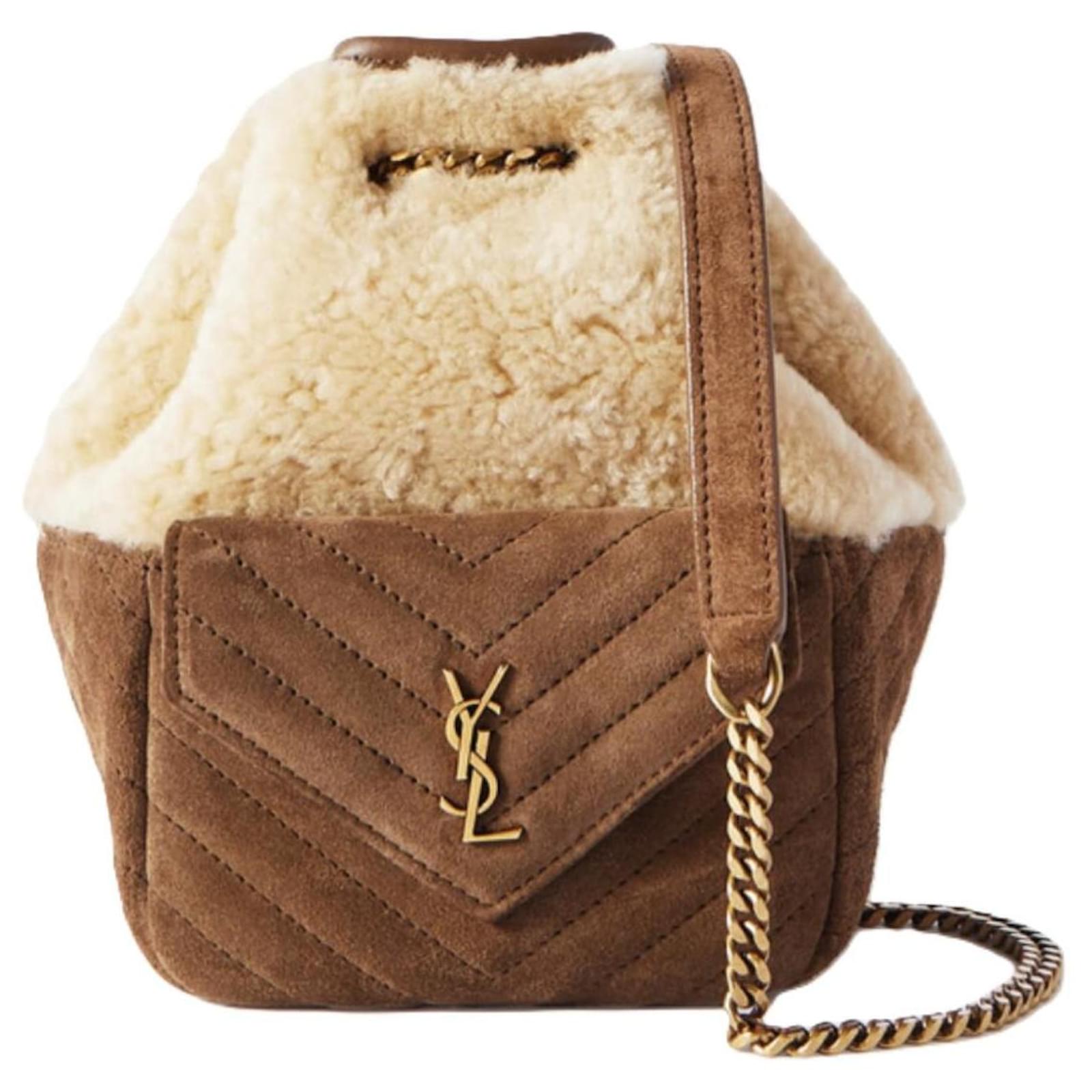 Yves Saint Laurent 2023 Mini Joe Shearling and Suede Bucket Bag New ...