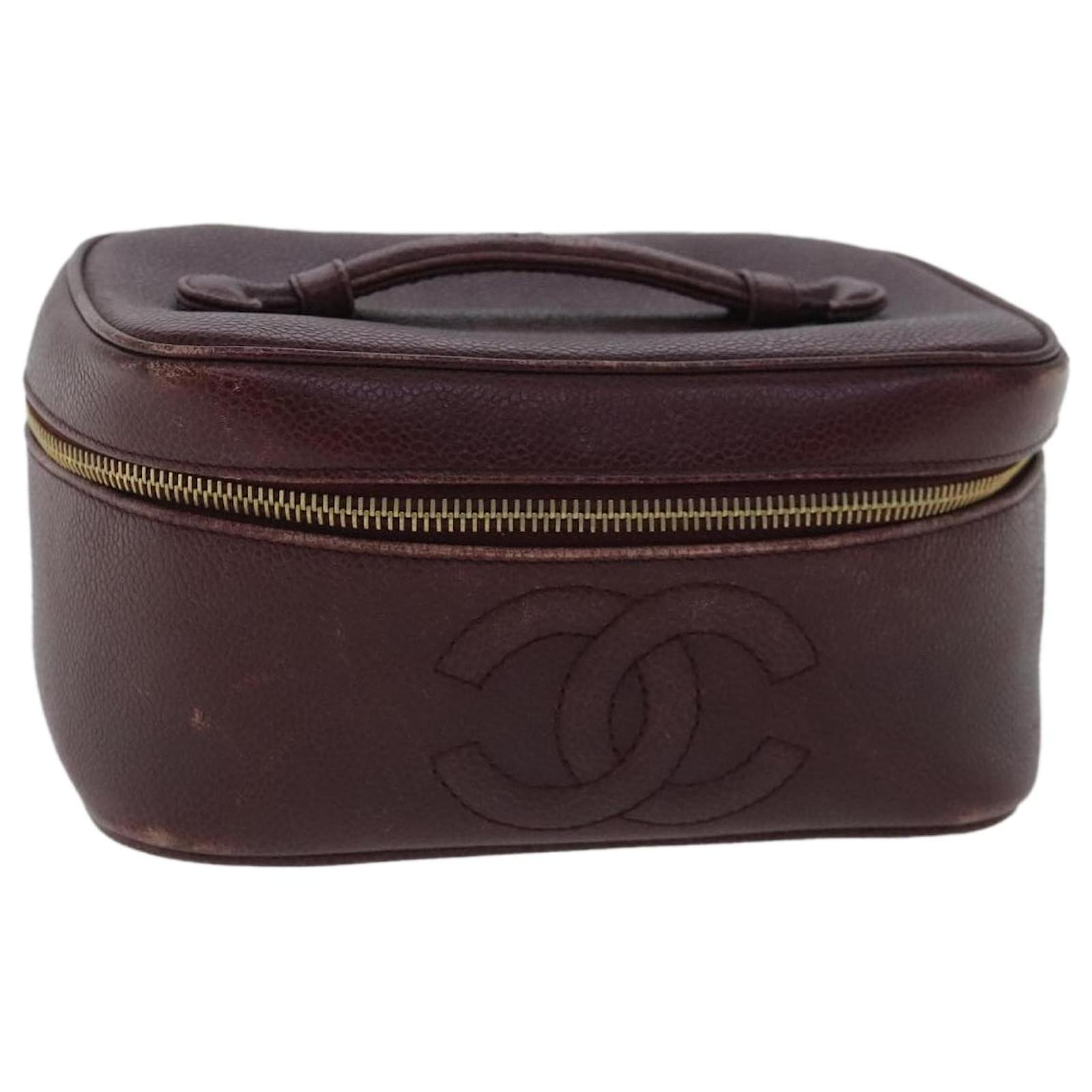 CHANEL Vanity COCO Mark Pouch Caviar Skin Wine Red Gold CC Auth 95362 ...