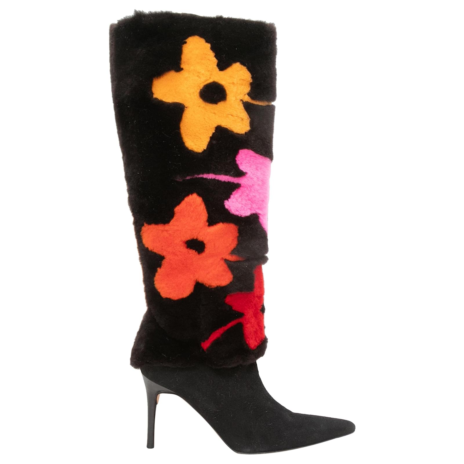 Black & Multicolor Andrea Pfister Rabbit Fur Flower Power Boots Size 37 ...