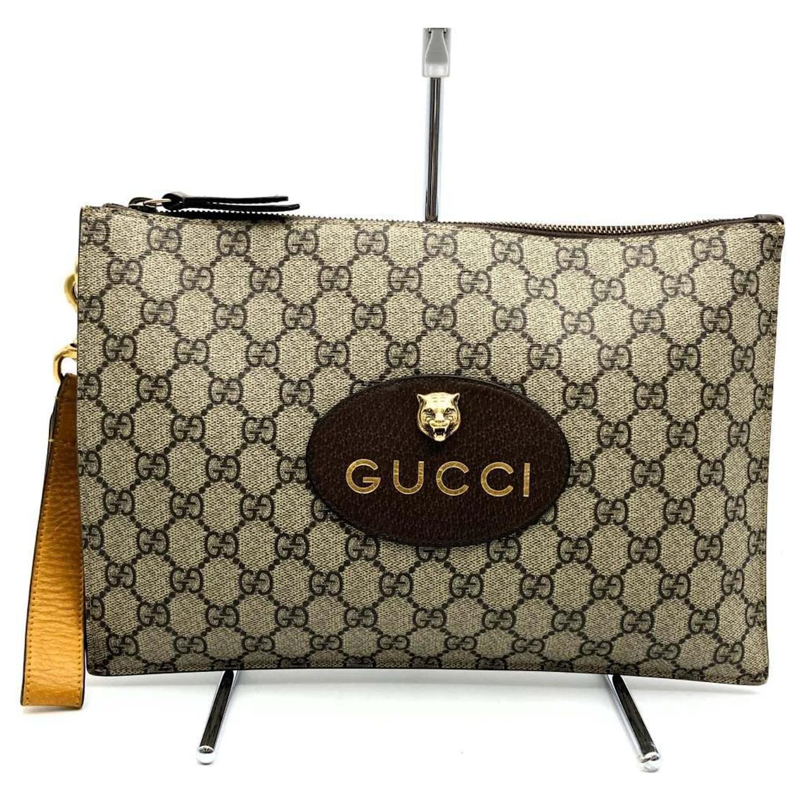 Gucci Neo Tiger Head Clutch Bag Brown Leather Cloth ref.1772352 - Joli ...