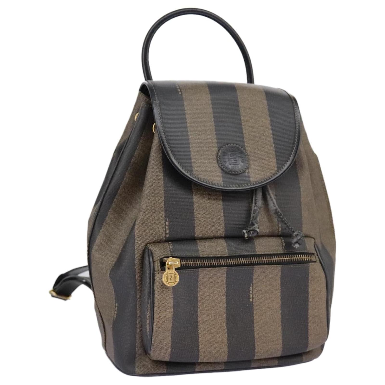 Pequin FENDI Pecan Canvas Backpack Brown Black gold Auth ep6248 Golden ...