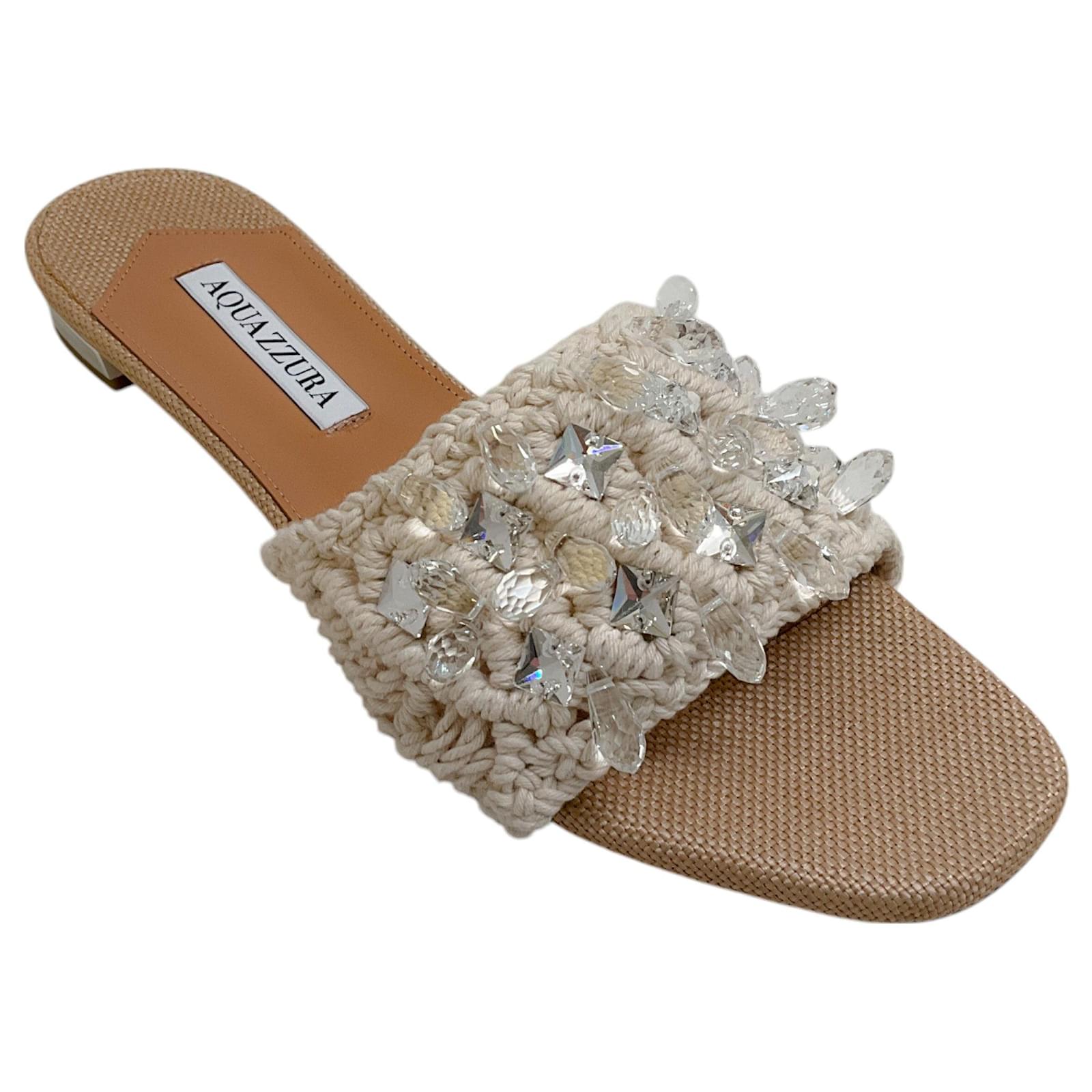Aquazzura Natural Raffia Crystal Cote Flat Sandals Cream Cloth ref ...