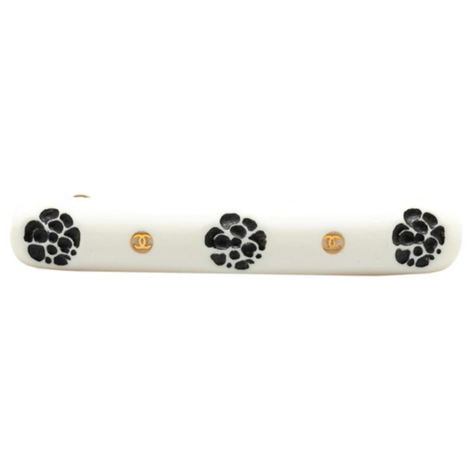 Chanel Coco Mark Camellia Barrette White Golden Plastic Gold-plated ref ...