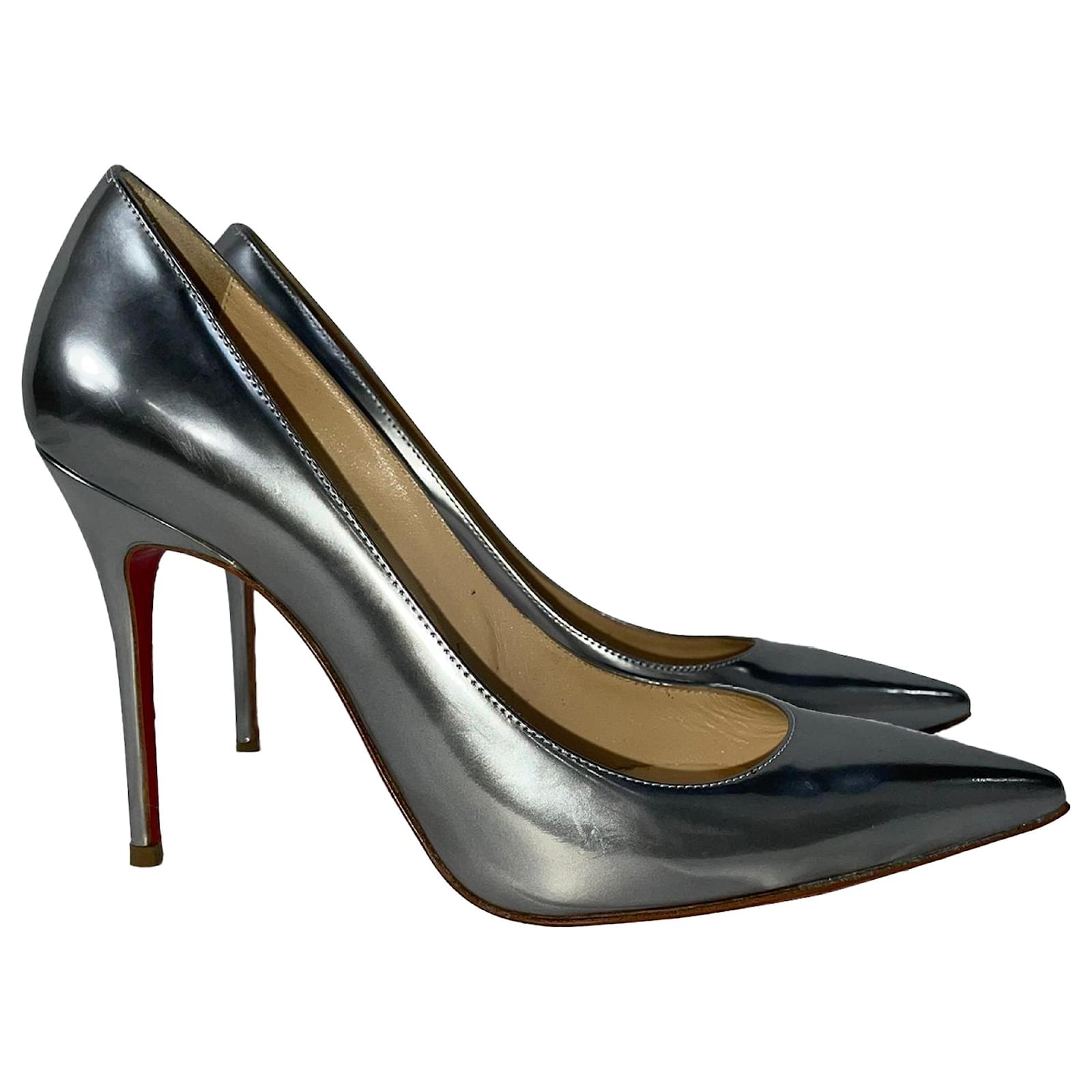 Christian Louboutin Kate 100 Pumps in Metallic Silver Leather Silvery ...
