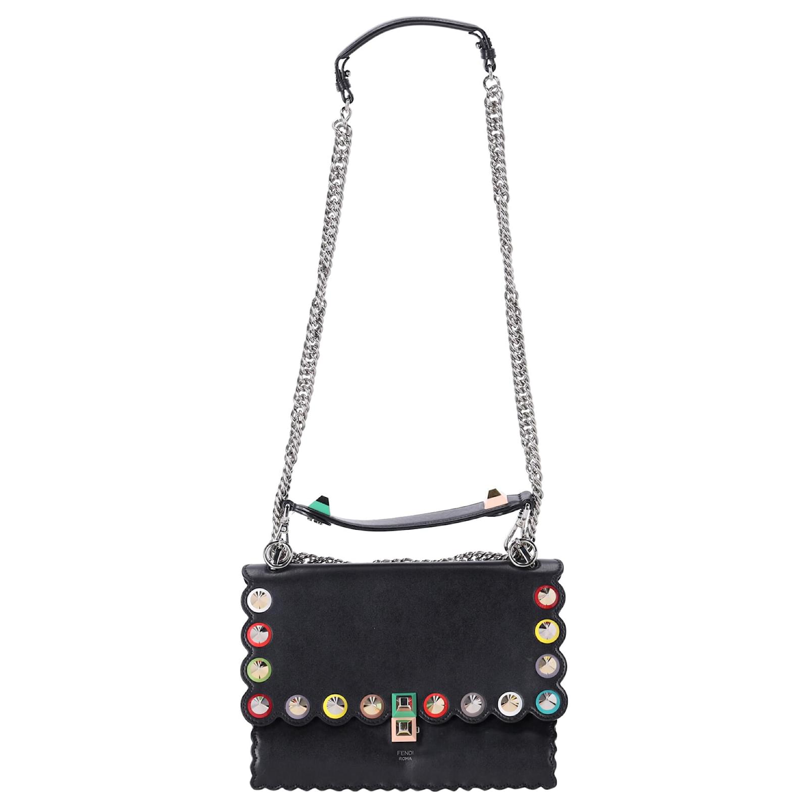 Fendi Medium Kan I Scallop and Stud Detail Shoulder in Black Calf Leather Pony-style calfskin ...