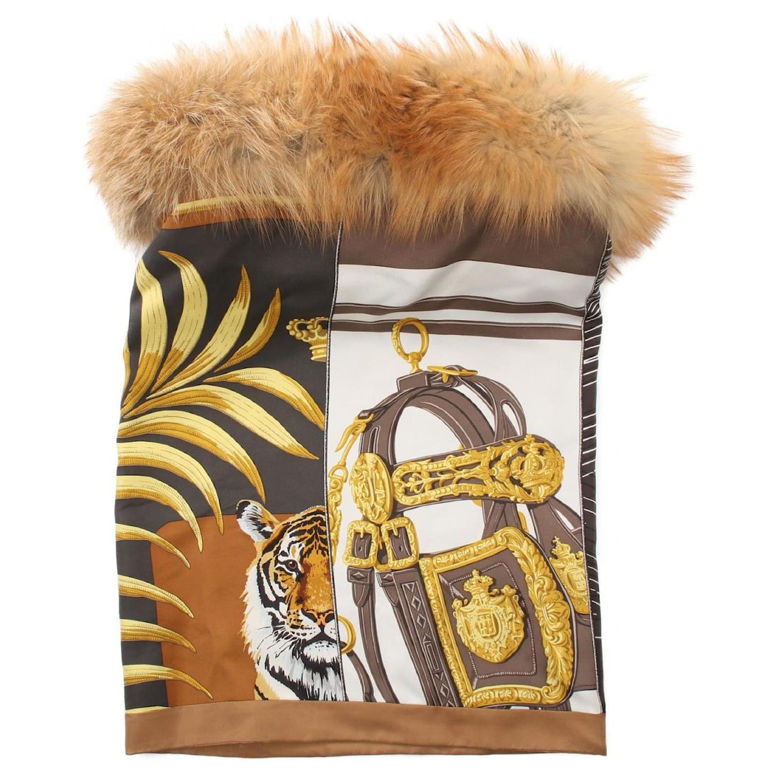 Hermès Hermes Brown Multi-Color Silk and Fox Fur Infinity Scarf ...