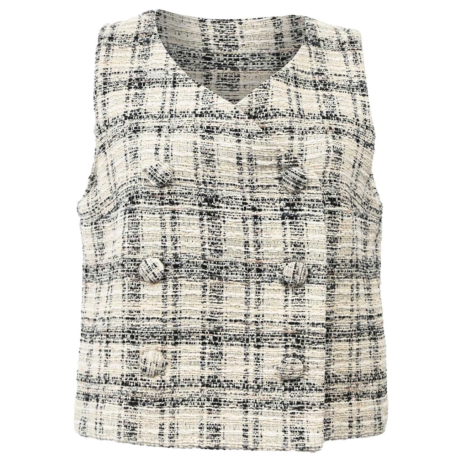 Lisa Marie Fernandez Double-Breasted Checked Tweed Vest in White Cotton ...