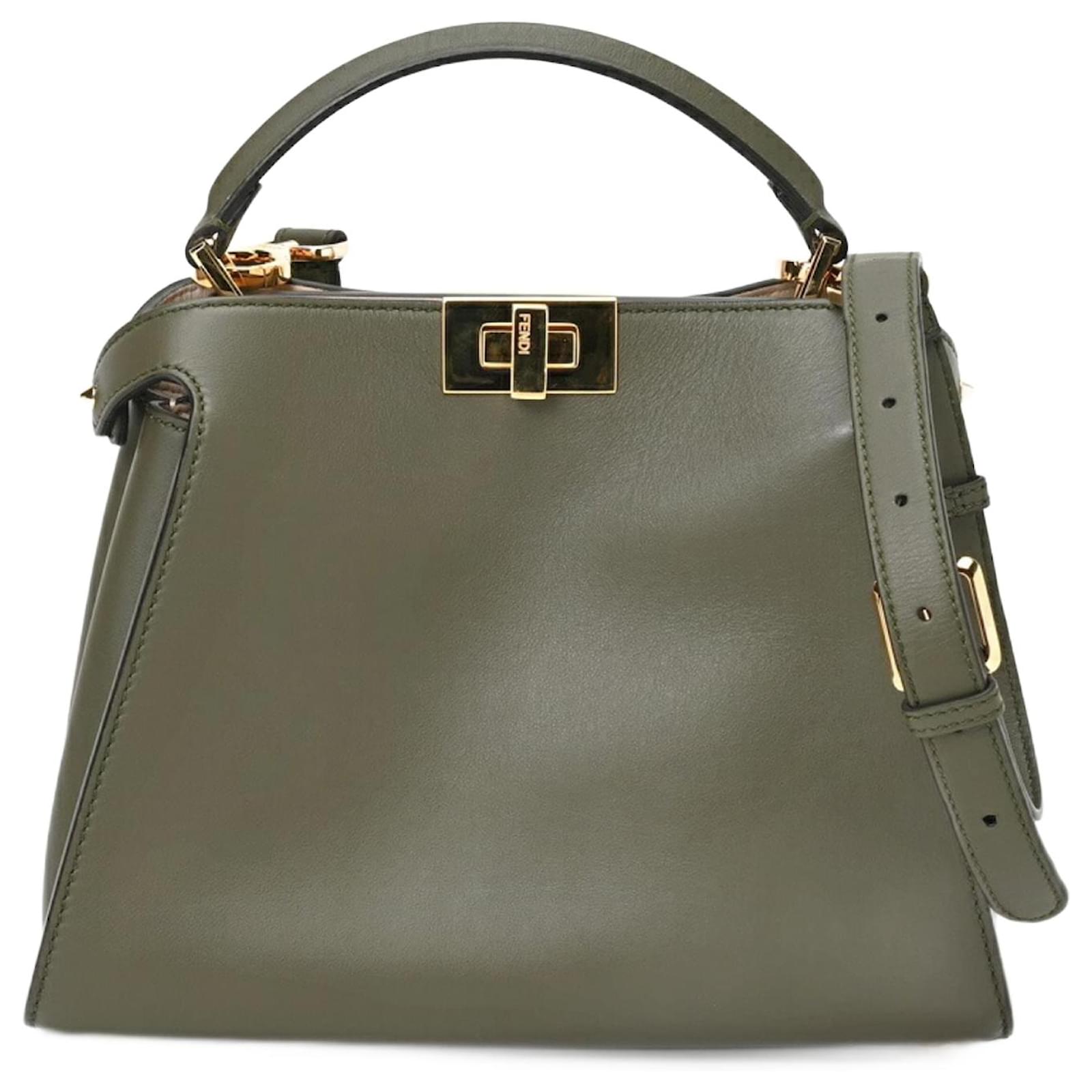 Fendi Peekaboo Iconic Essential Handbag Beige Olive green Leather ref ...