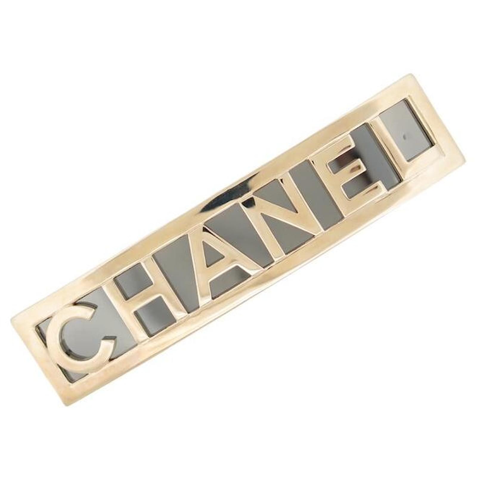 CHANEL HAIR ACCESSORY GOLD SILVER METAL LOGO BARRETTE Golden ref ...