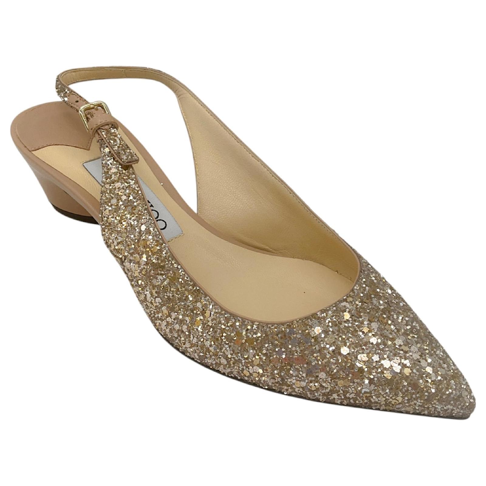 Jimmy Choo Gold Metallic Glitter Low Heel Slingback Pumps Golden ref ...
