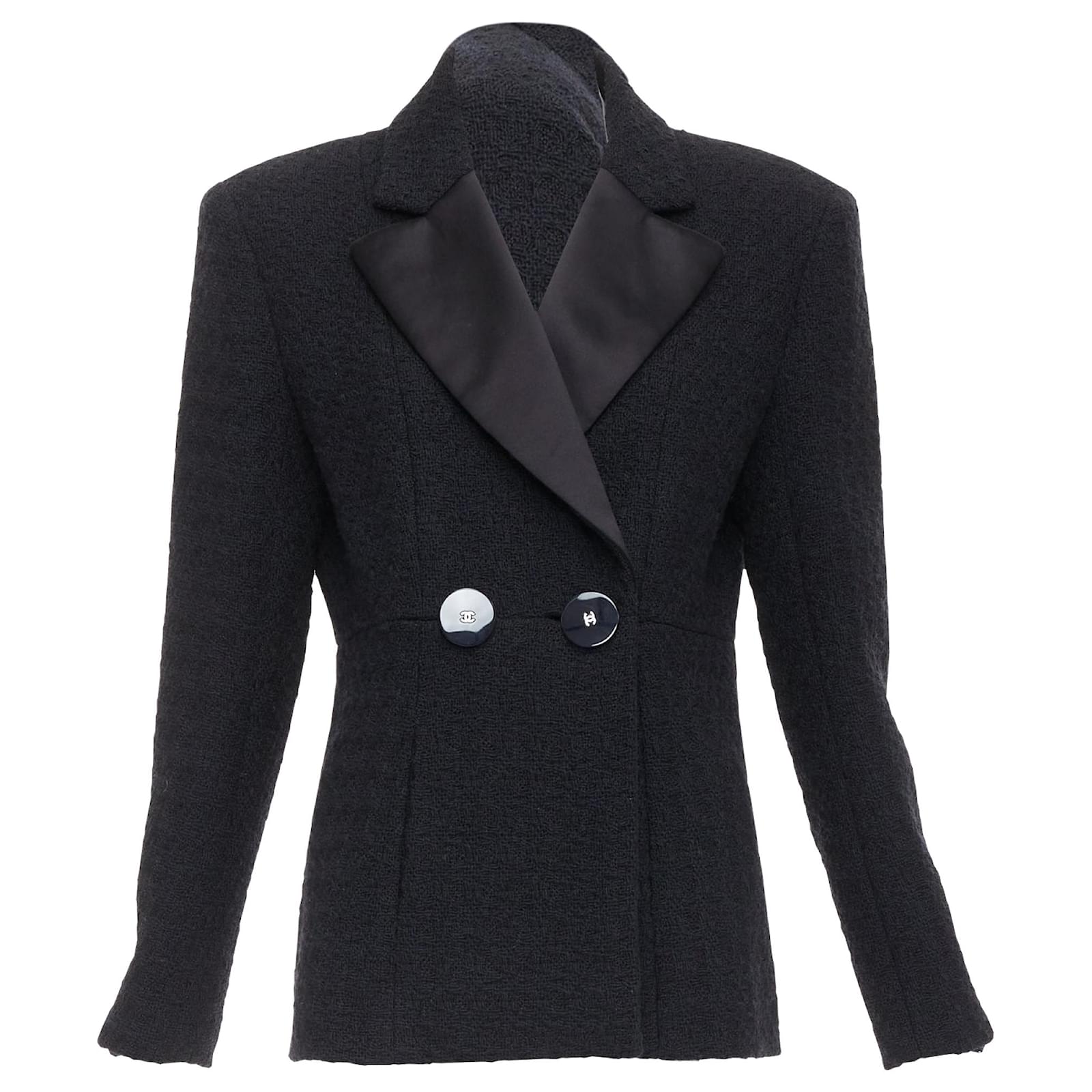 Chanel Cosmopolite tweed double breasted tuxedo jacket Black Wool ref ...