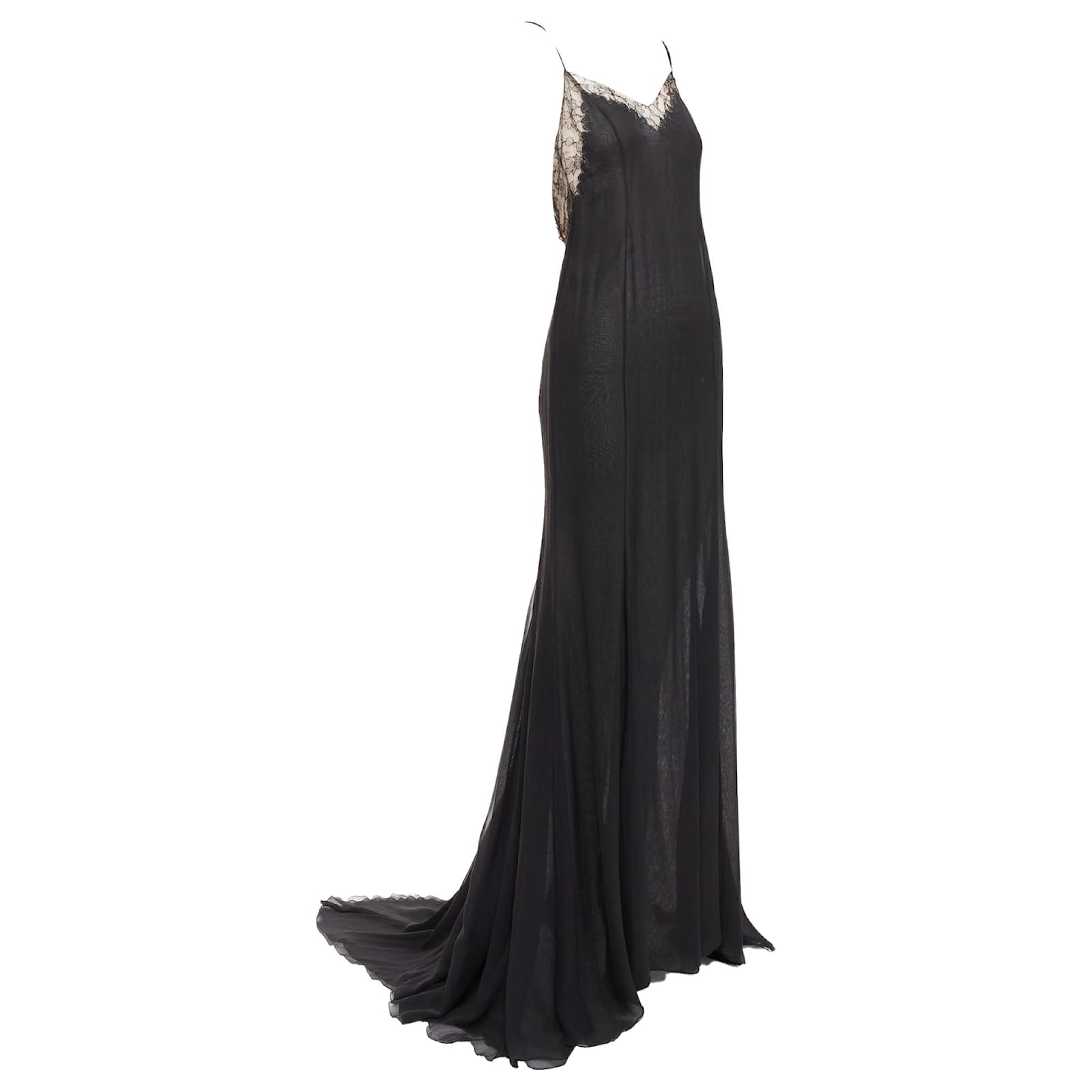 Gianni Versace Punk Chain Detail Lace Trim Sheer Long Gown Black Silk ...