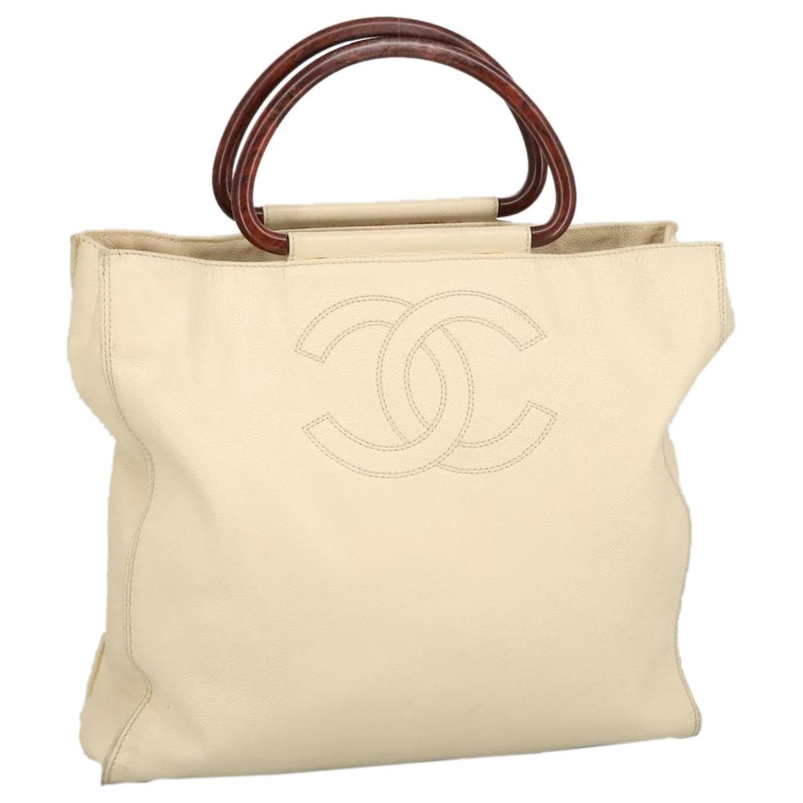 CHANEL Wood Hand Bag Caviar Skin Beige Brown Gold CC Auth bs20161 ...