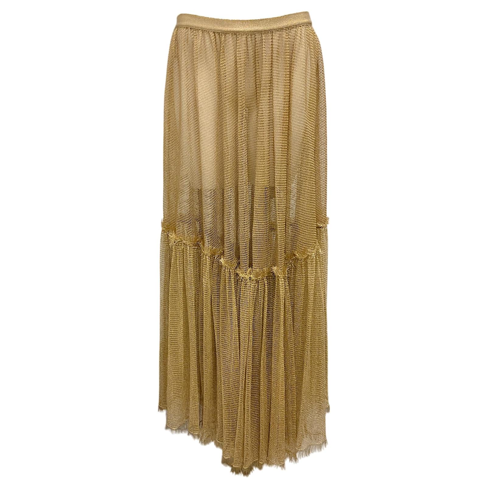Christian Dior Gold Metallic Frayed Mesh Maxi Skirt Golden Synthetic ...