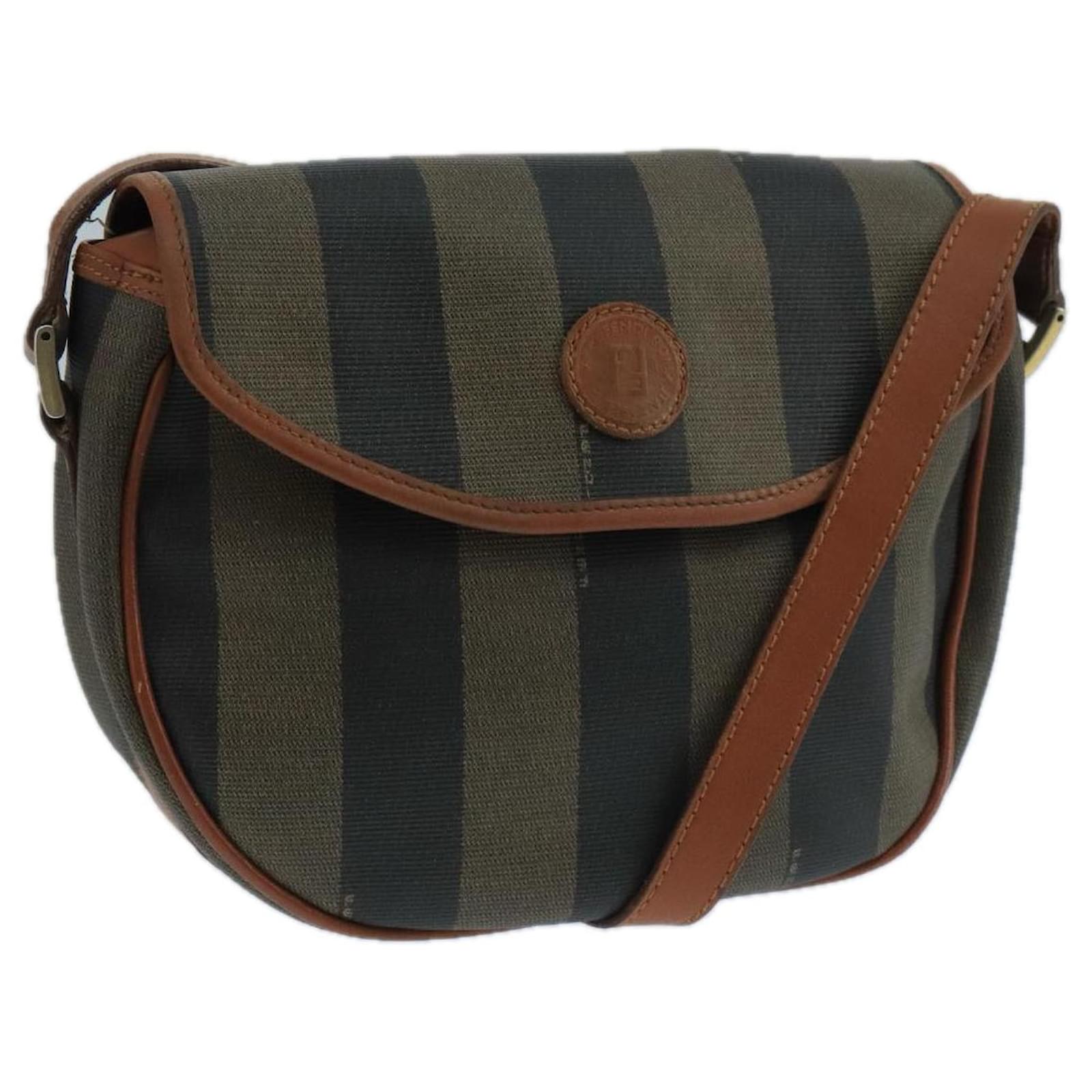 Pequin FENDI Pecan Canvas Shoulder Bag Brown Black Auth 104665 ref ...