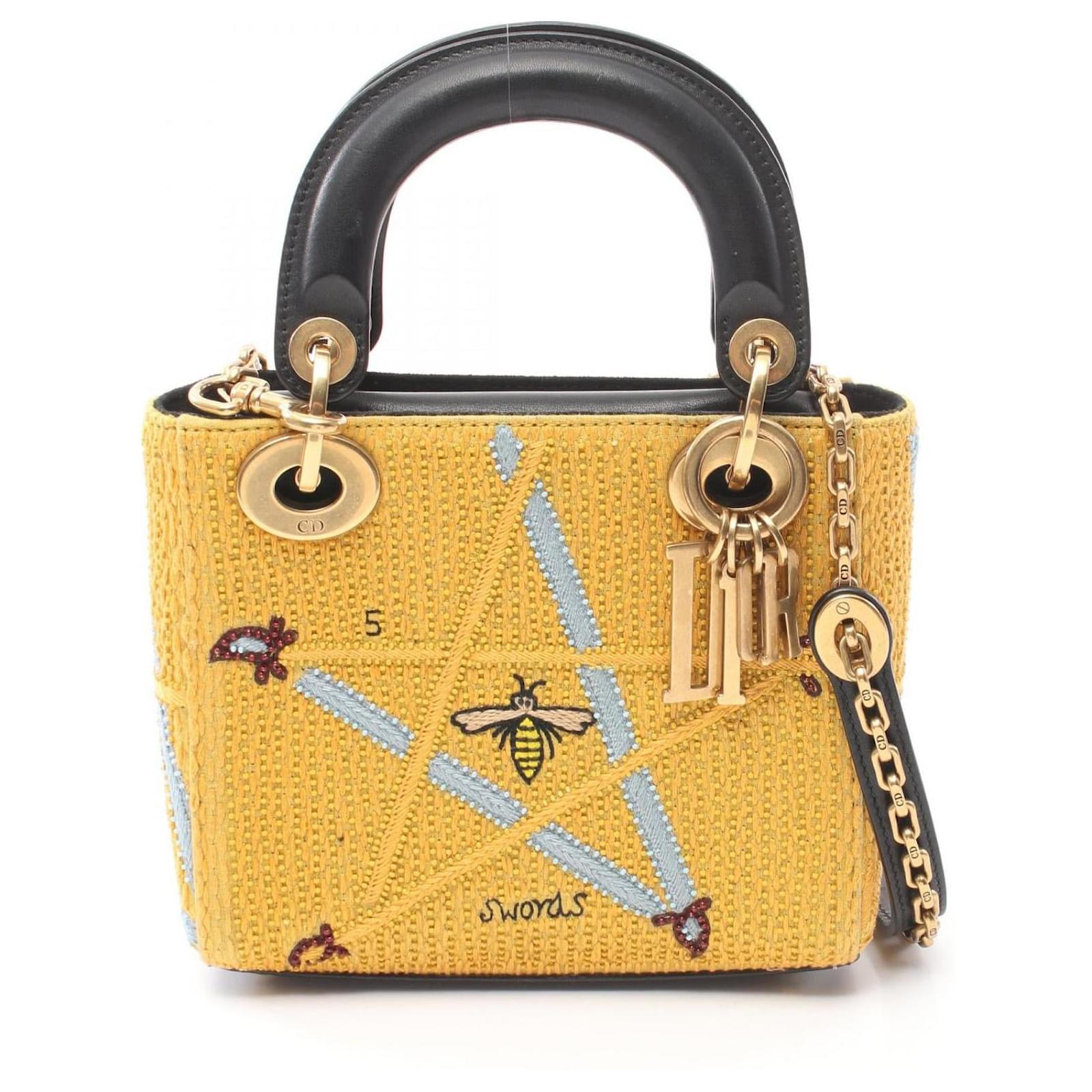Christian Dior Dior Lady Dior Mini Handbag Leather Fabric Yellow ref ...