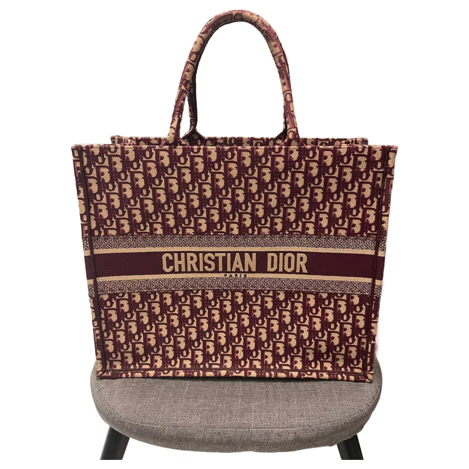 Christian Dior Large Dior Book Tote Beige Dark red Cotton Cloth ref ...