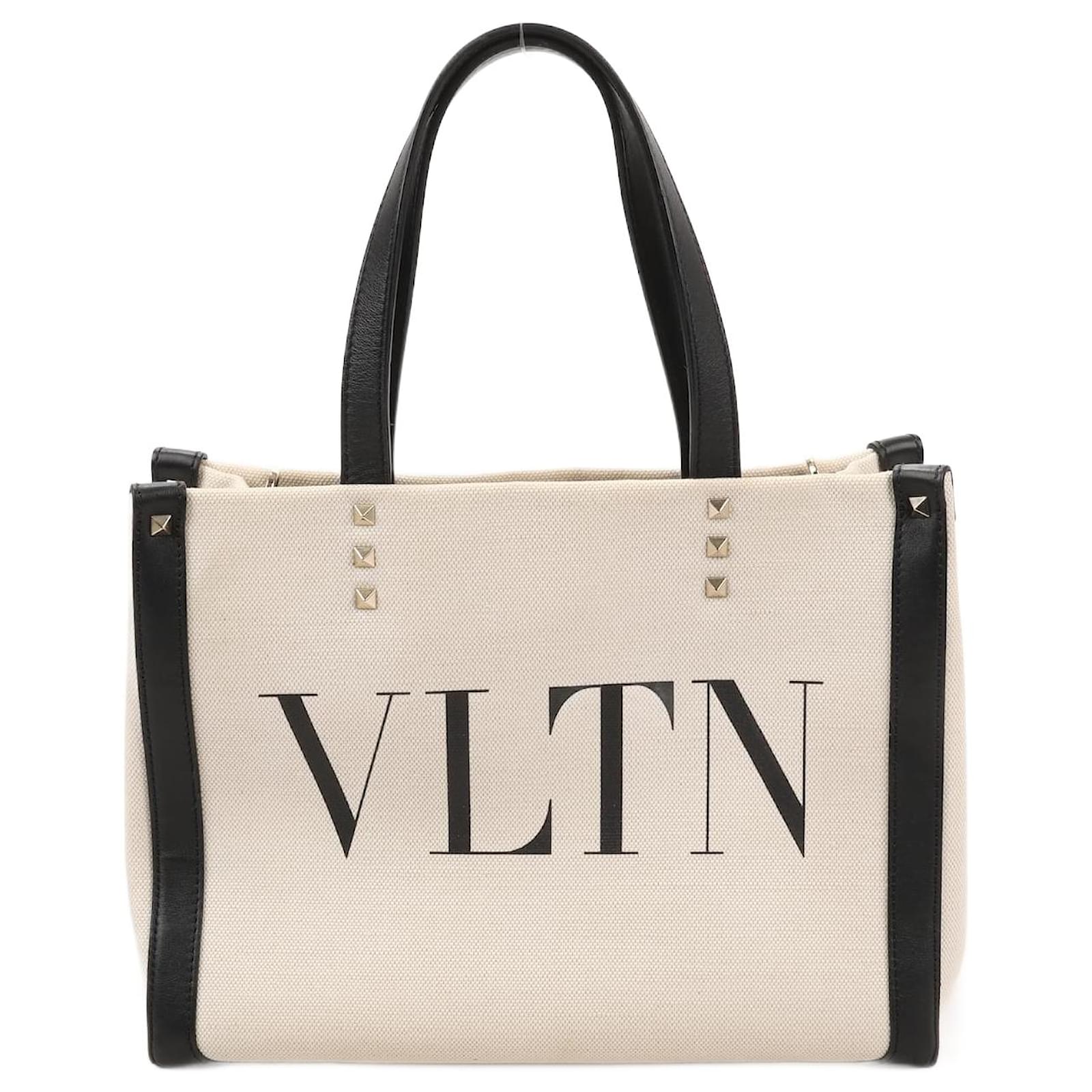 Valentino Garavani VLTN Beige Canvas and Black Leather Handbag ref ...