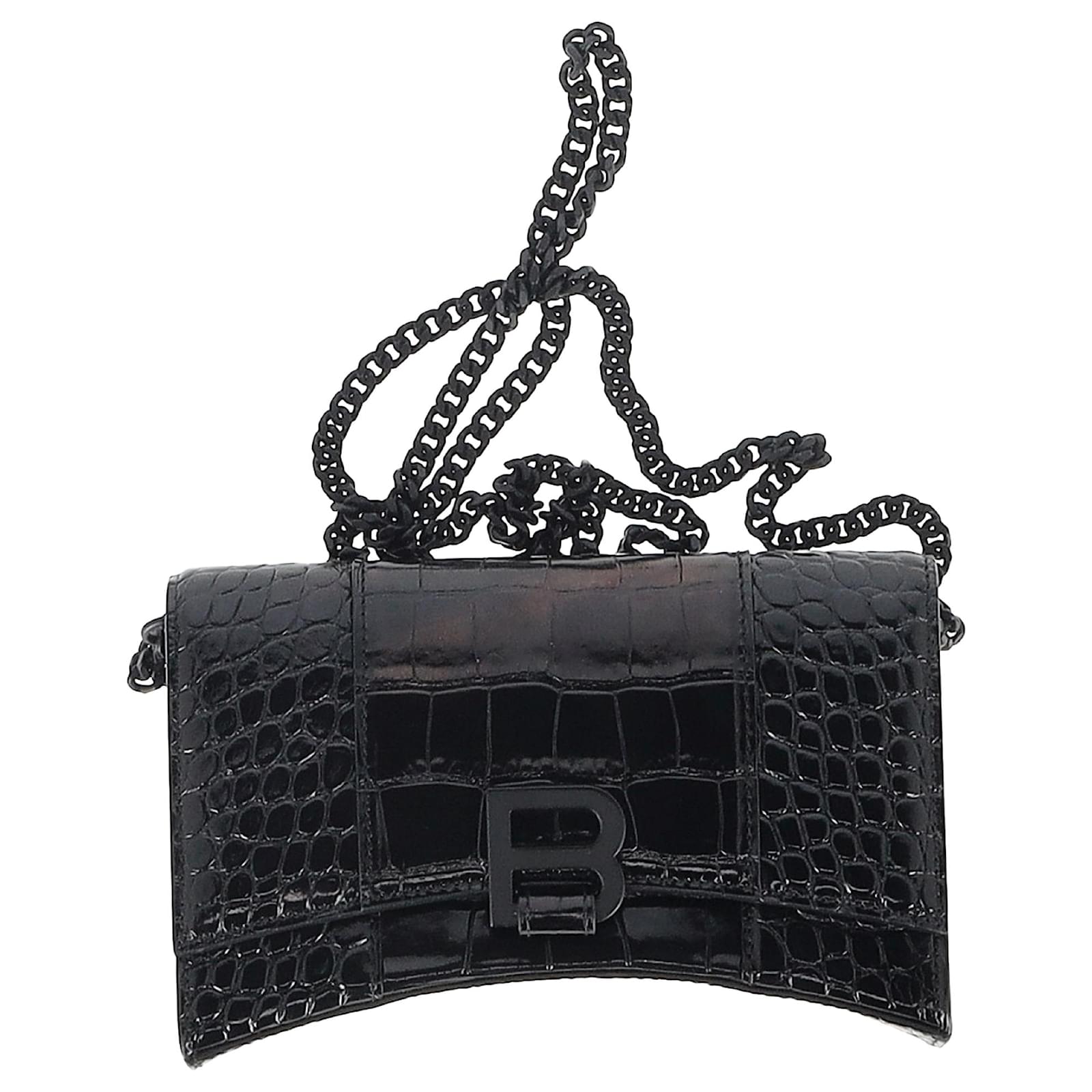 Balenciaga Hourglass Crocodile Embossed Chain Wallet in Black Leather ...