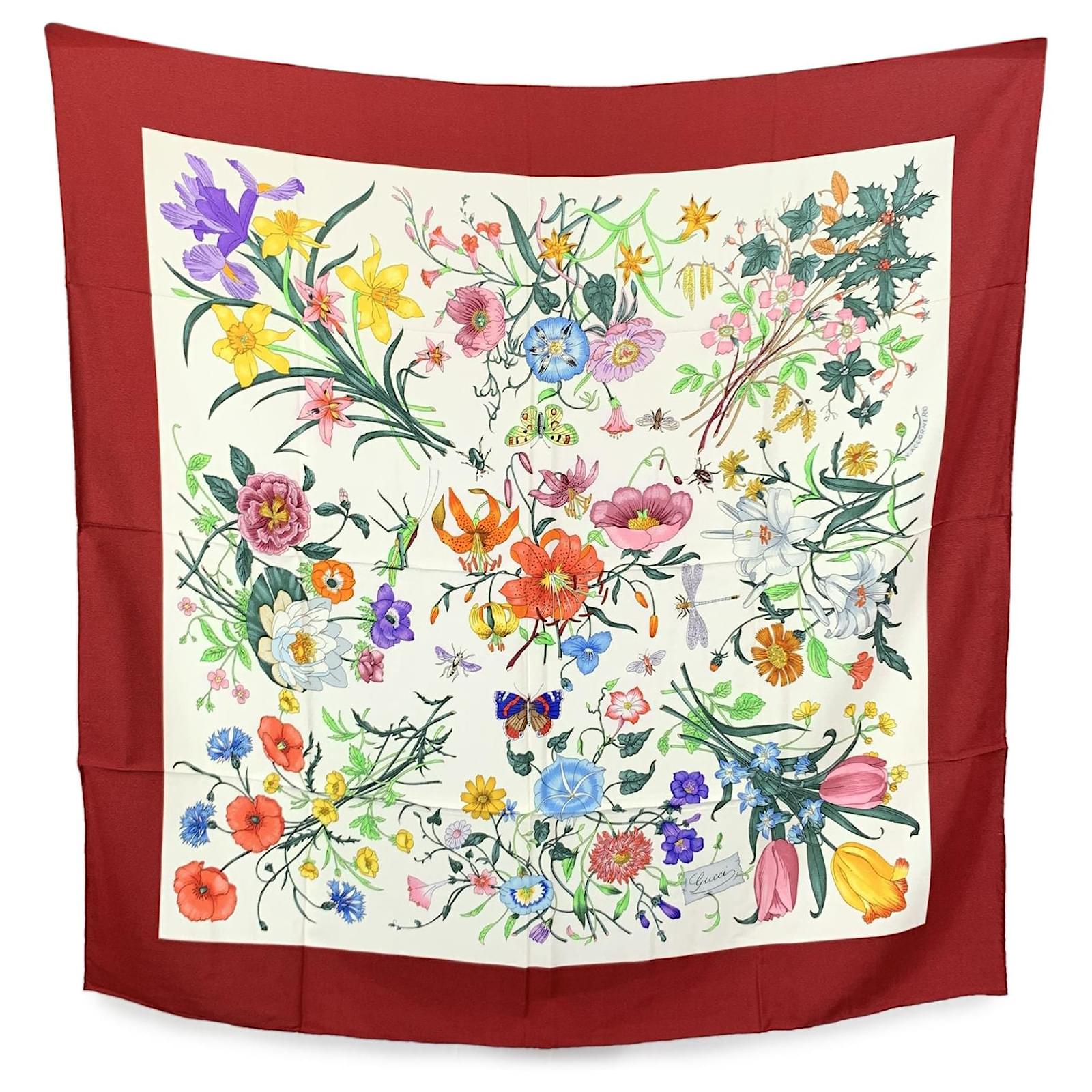 Gucci Vintage Burgundy Floral Silk Scarf Flora 1966 Accornero Red ref ...