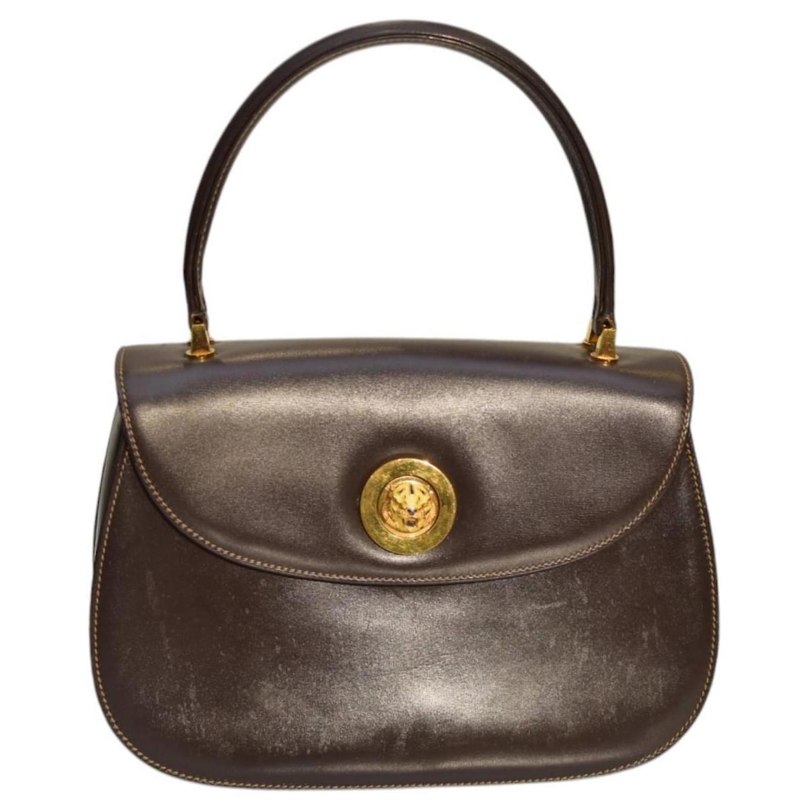 GUCCI Brown Leather Gold Tone Tiger Head Turn Lock Top Handle Handbag ...