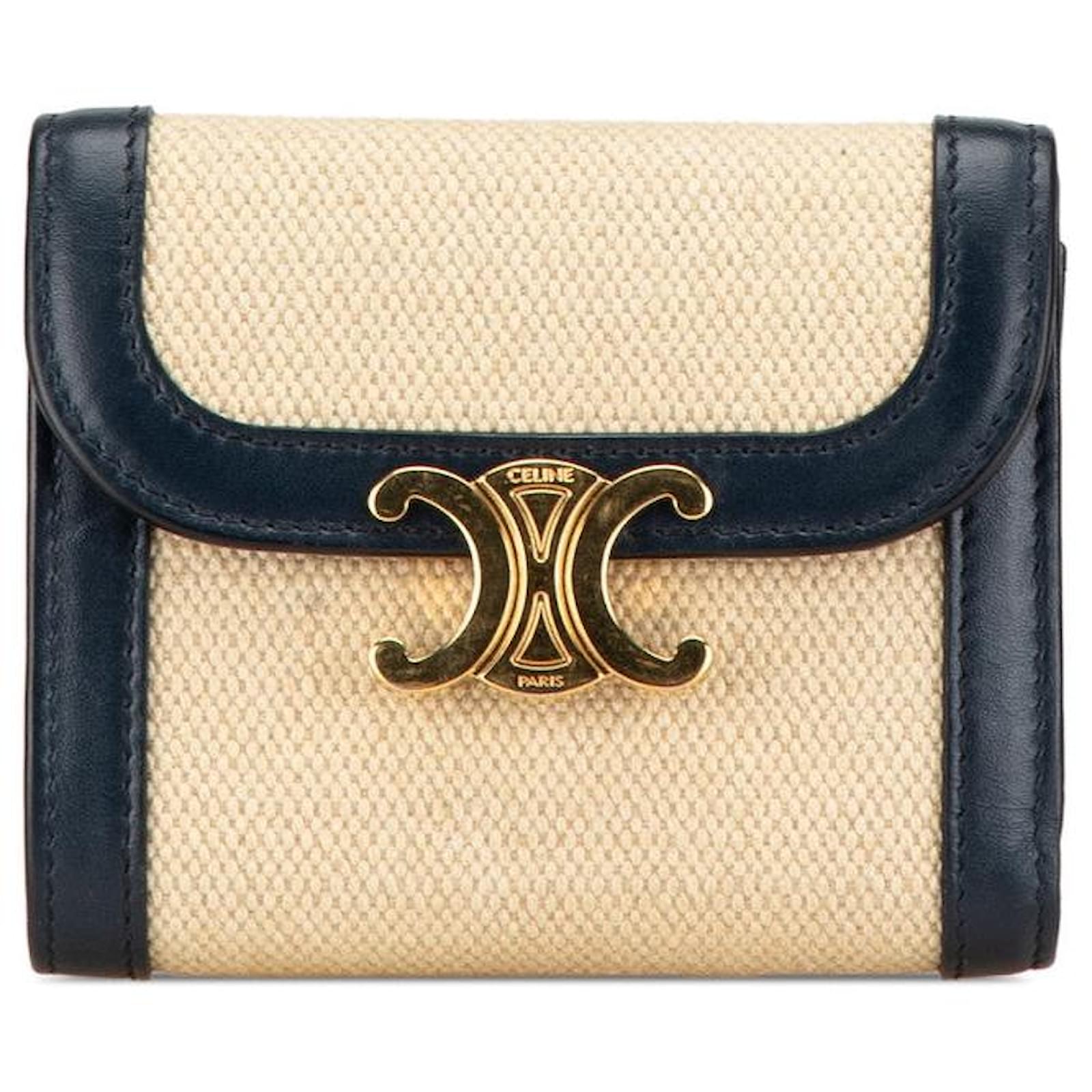 Céline Celine Triomphe Small Flap Wallet Canvas Leather Beige Cloth ref ...