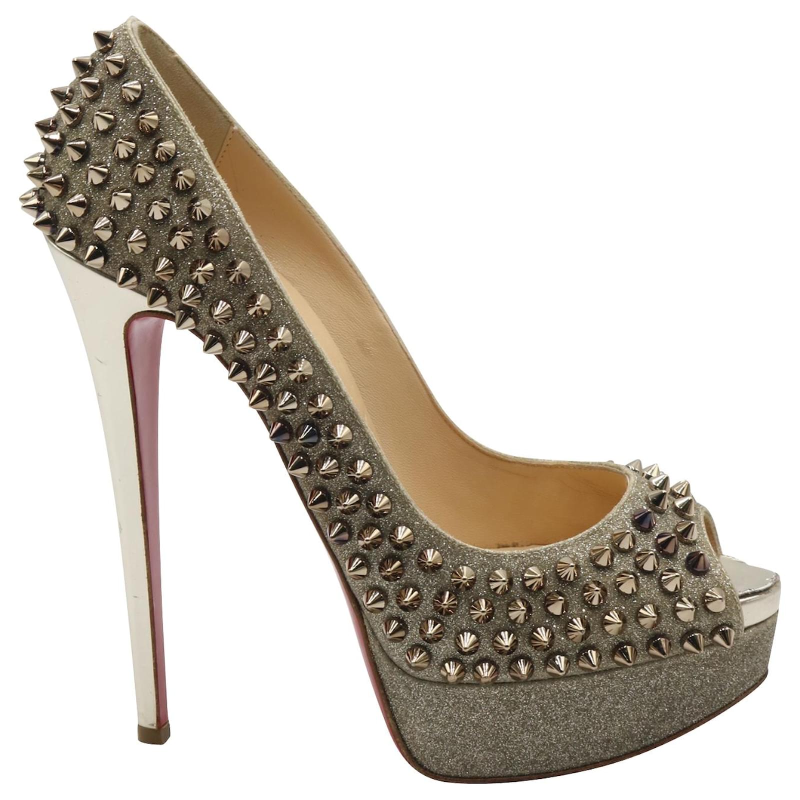 Christian Louboutin Lady Peep Spikes 150 Pumps in Gold Glitter Golden ...