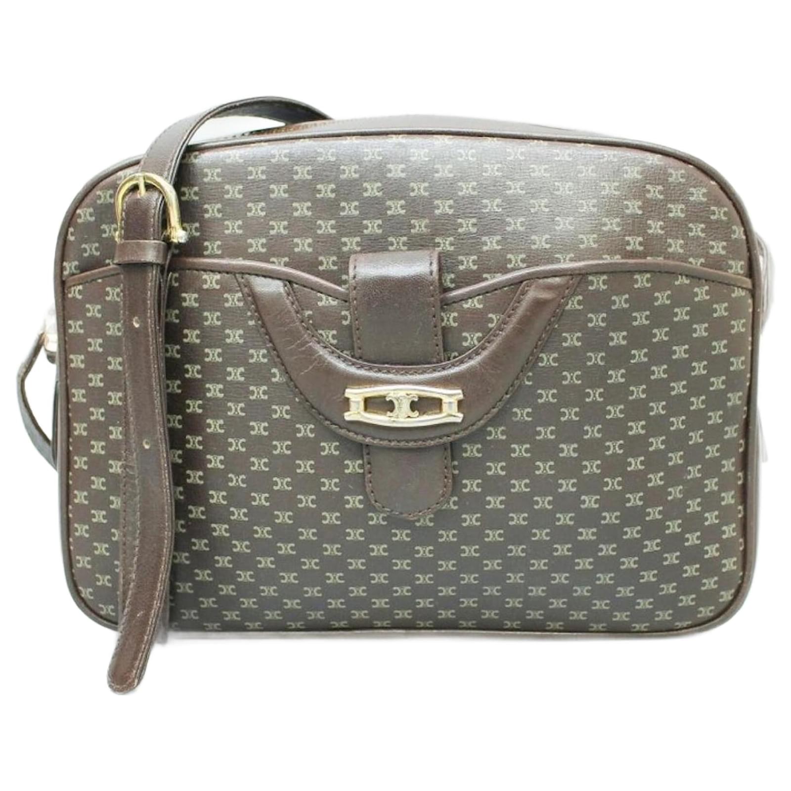 Céline Celine Macadam Brown Leather Shoulder Bag with Golden Pattern ...
