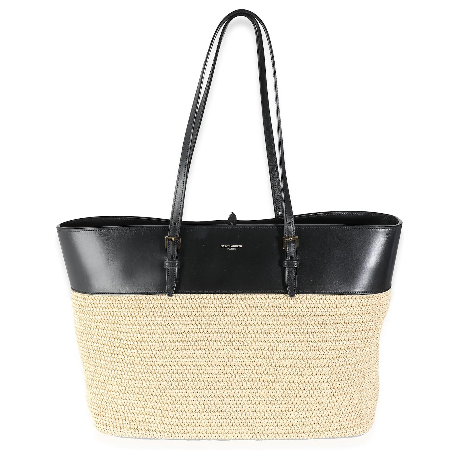Saint Laurent Black Leather Beige Raffia Medium Boucle Shopper Tote ...