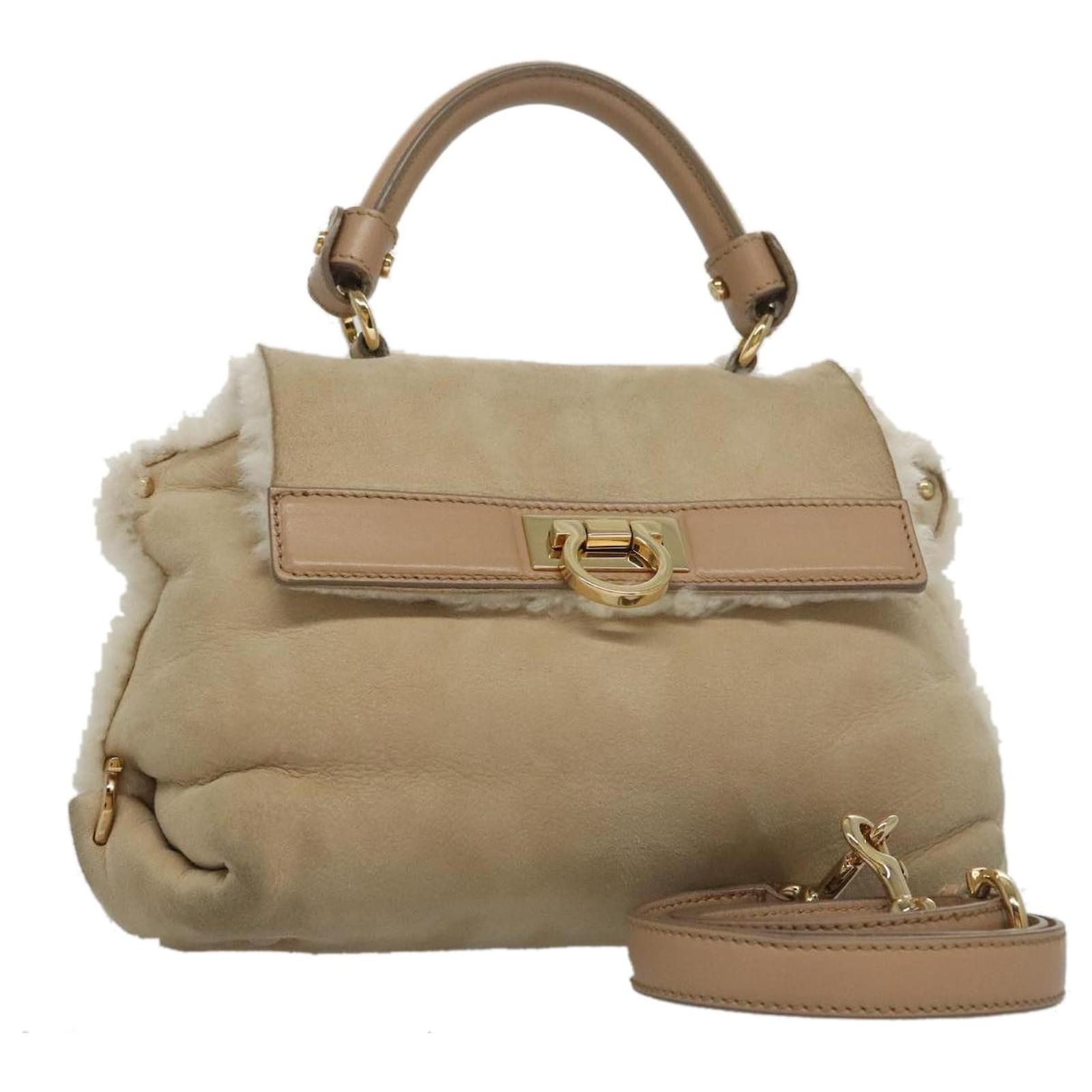 Salvatore Ferragamo Gancini Hand Bag Mouton 2way Beige Gold Auth 104184 ...