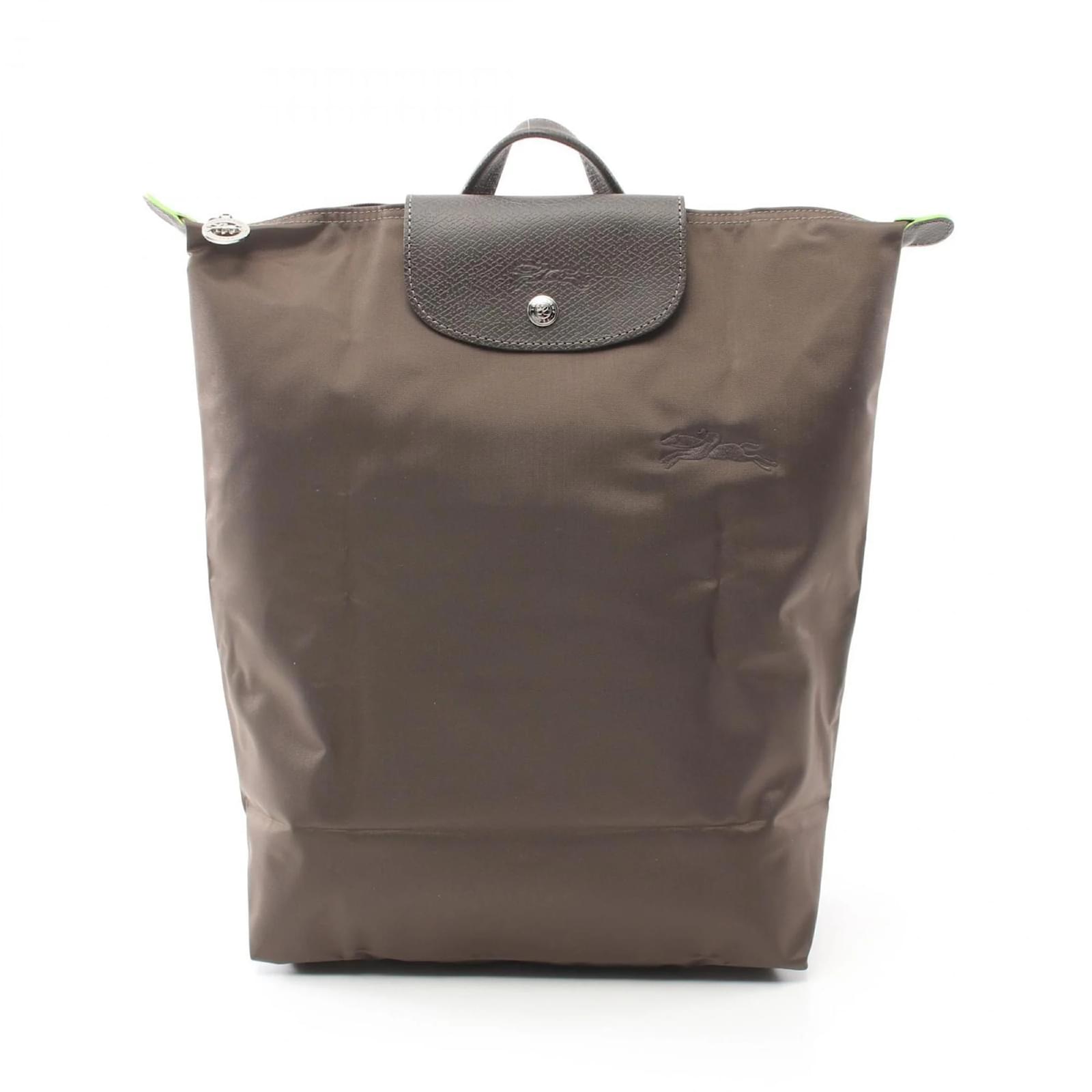 Longchamp Le Pliage Green M Rucksack Backpack Brown Leather Nylon ref ...