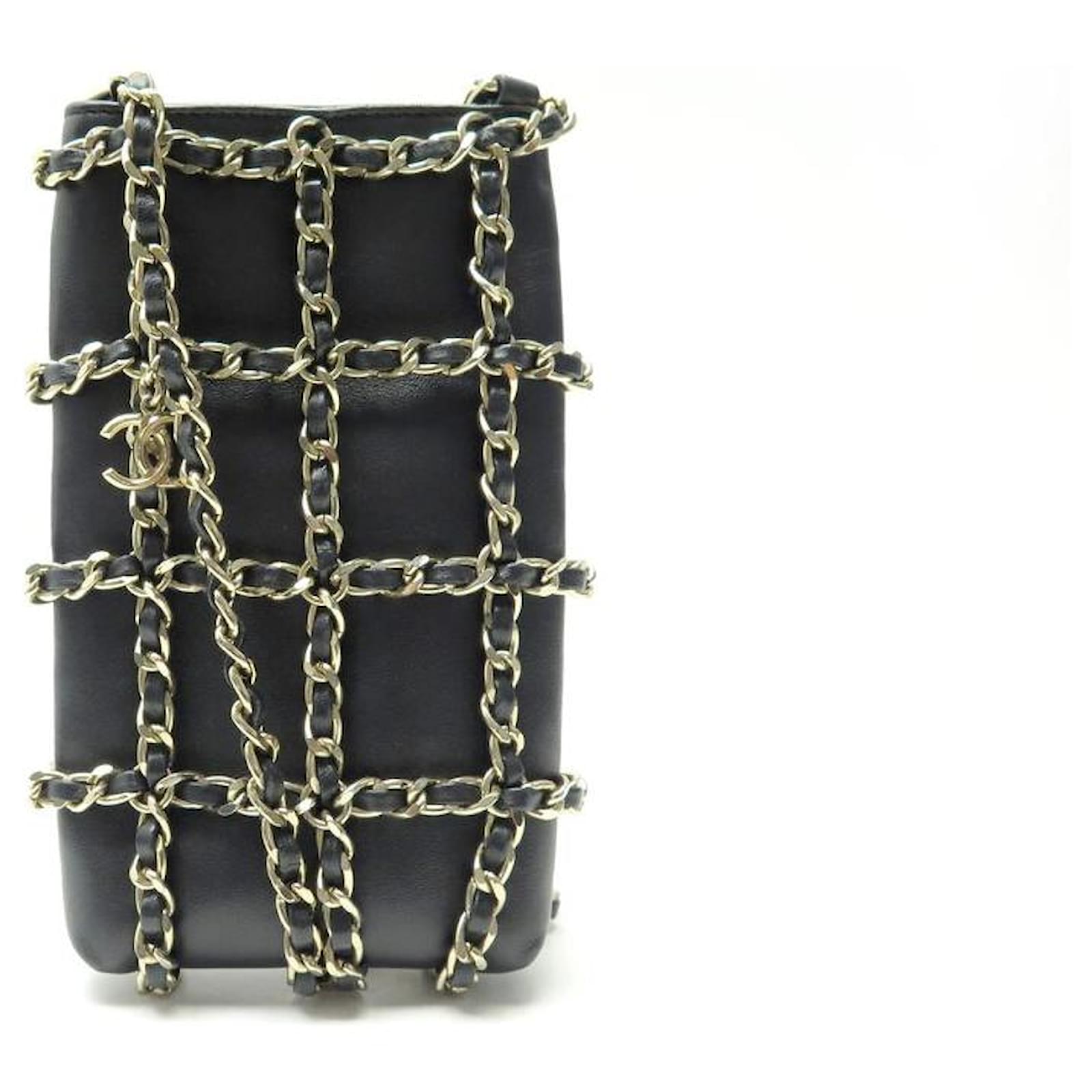 NEW CHANEL TECH ME OUT LEATHER CHAIN SHOULDER PHONE CLUTCH Black ref ...