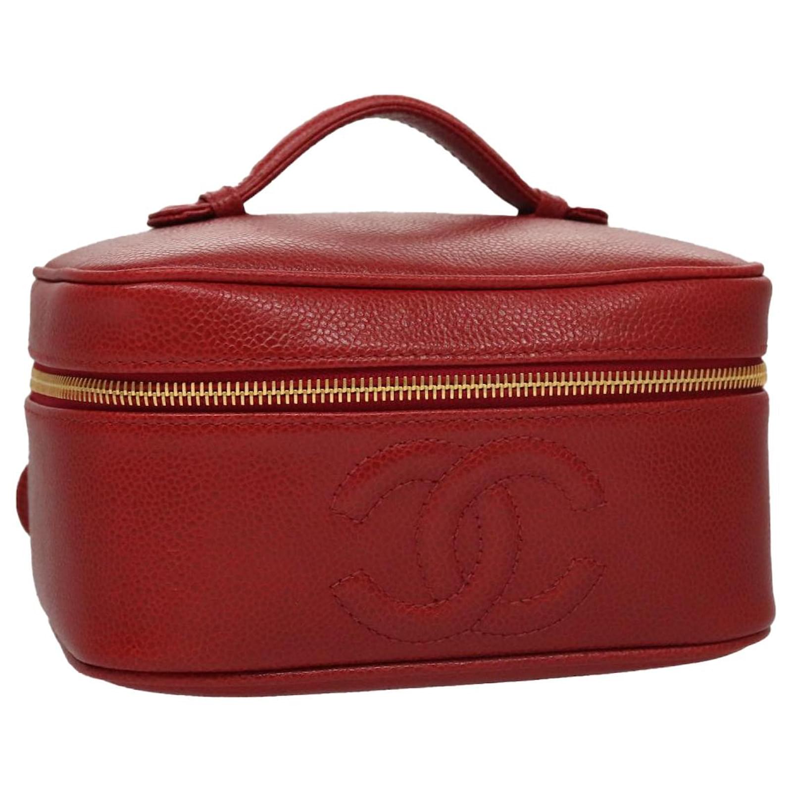CHANEL Vanity COCO Mark Cosmetic Pouch Caviar Skin Red Gold CC Auth ...