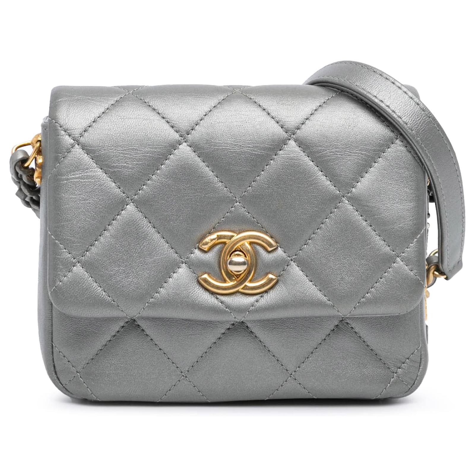 Chanel Silver Mini Quilted Lambskin Side Note Flap Silvery Leather ref ...