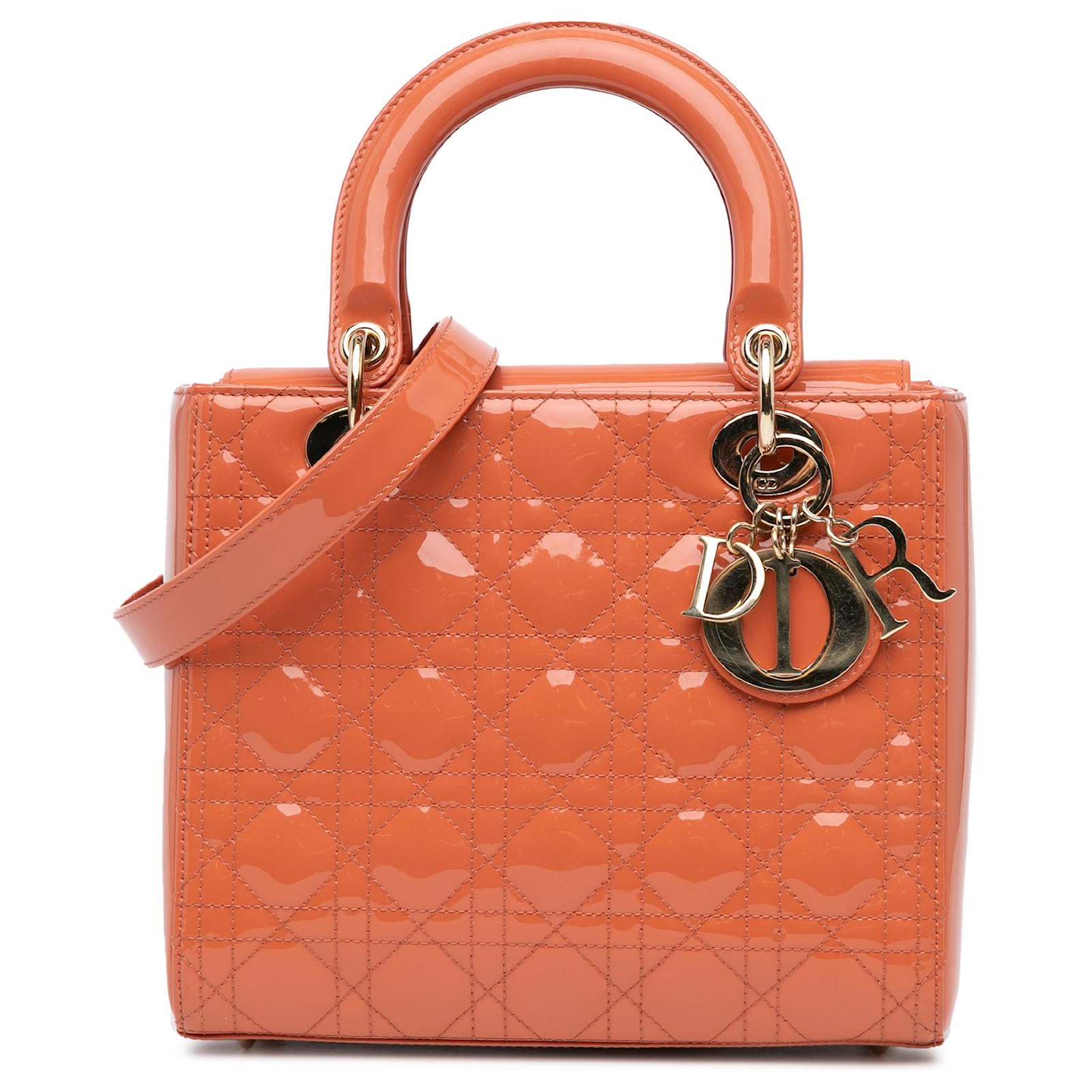 Dior Orange Medium Patent Cannage Lady Dior Peach Leather Patent ...