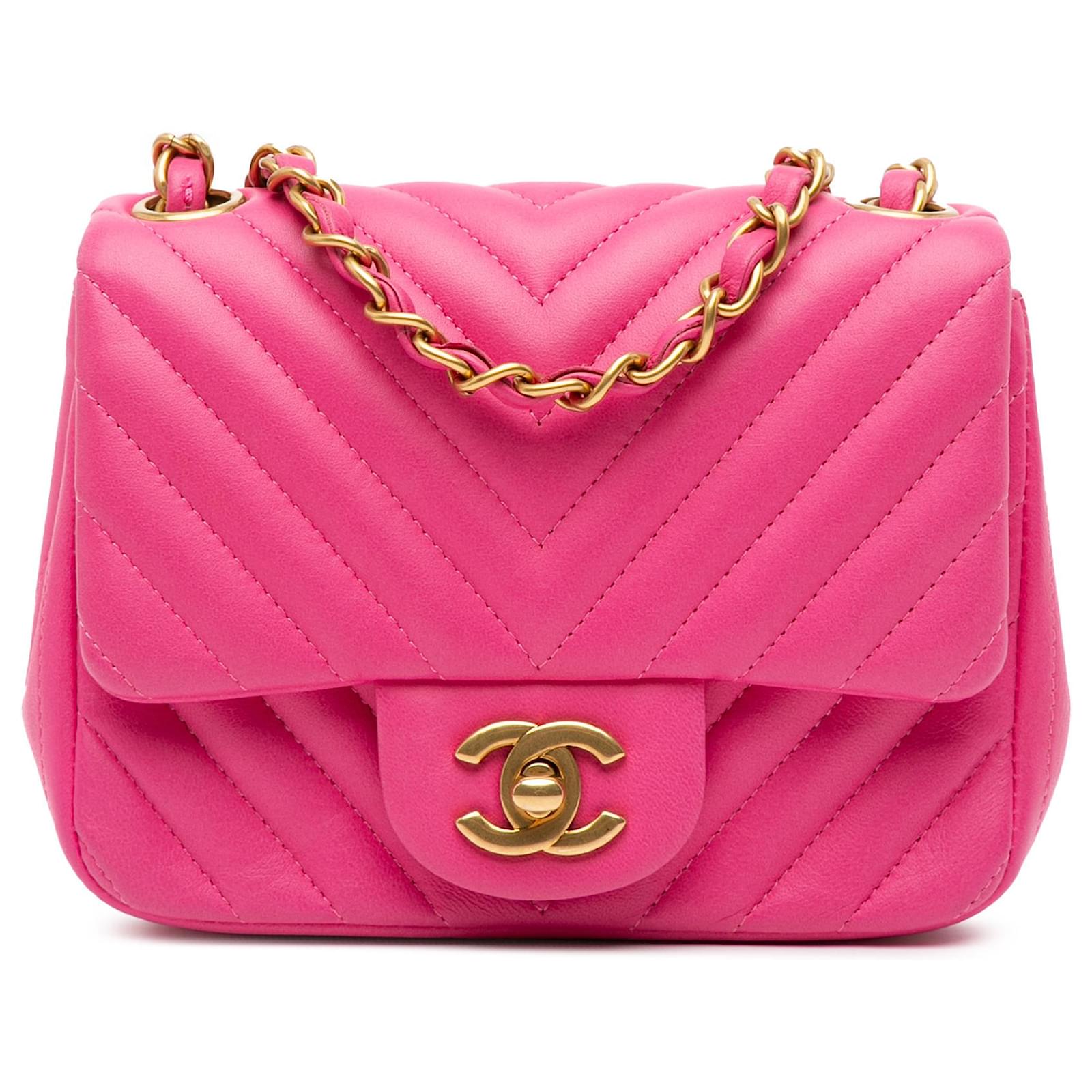 Chanel Pink Mini Square Classic Chevron Lambskin Flap Leather ref ...
